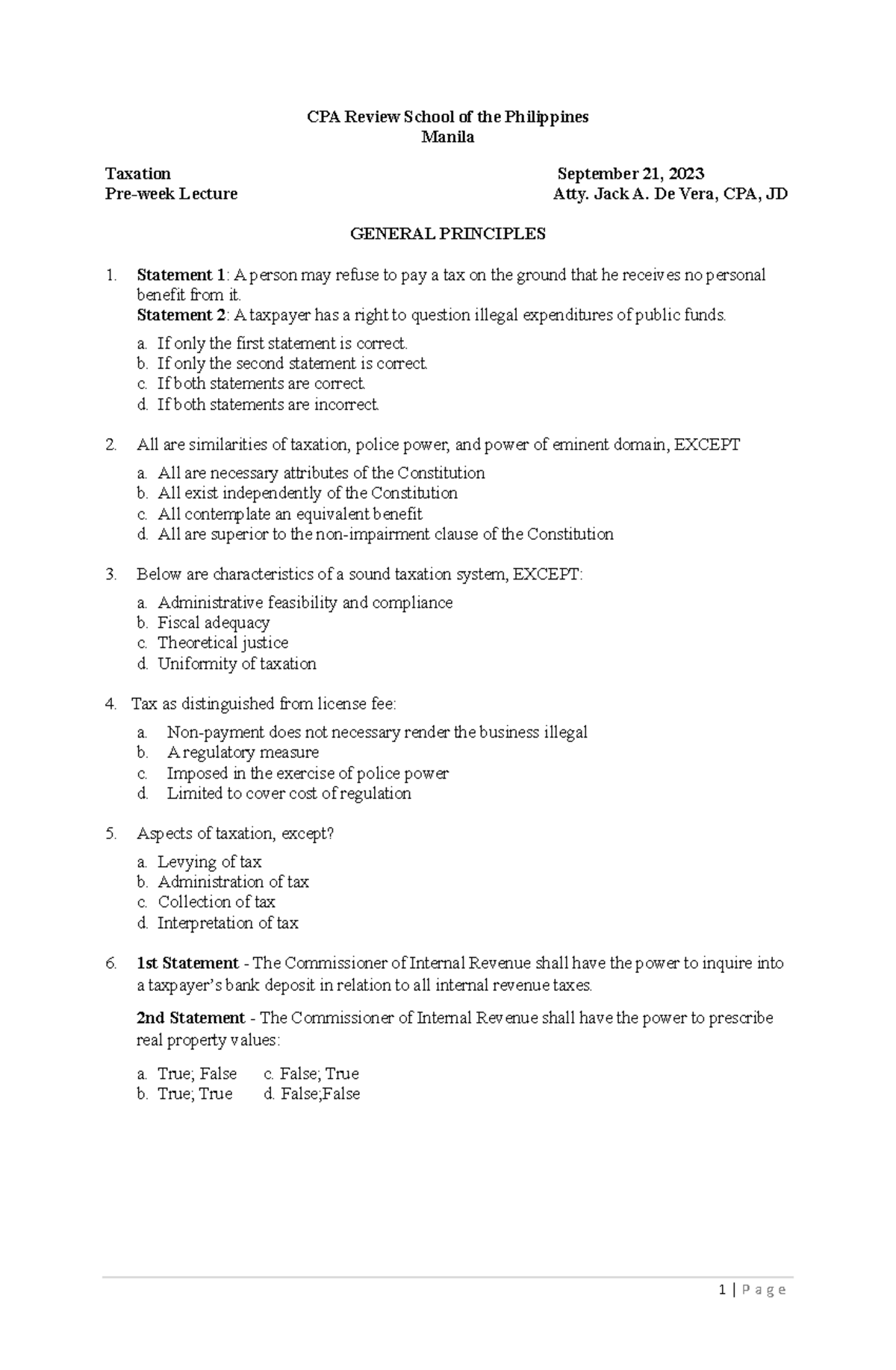 B94 Tax Preweek - Atty. Jack de Vera - CPA Review School of the ...