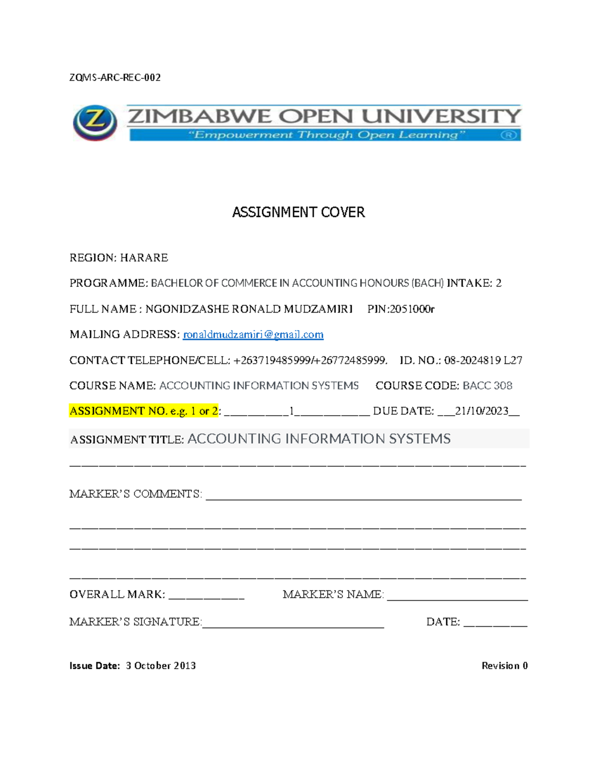 Accounting information systems assignment 1 - ZQMS-ARC-REC- 002 ...