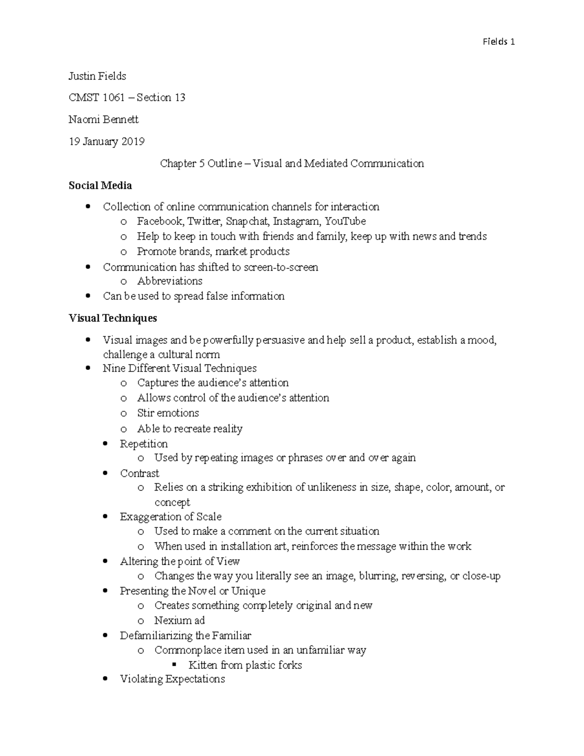 Chapter 5 Outline - Fields 1 Justin Fields CMST 1061 – Section 13 Naomi ...