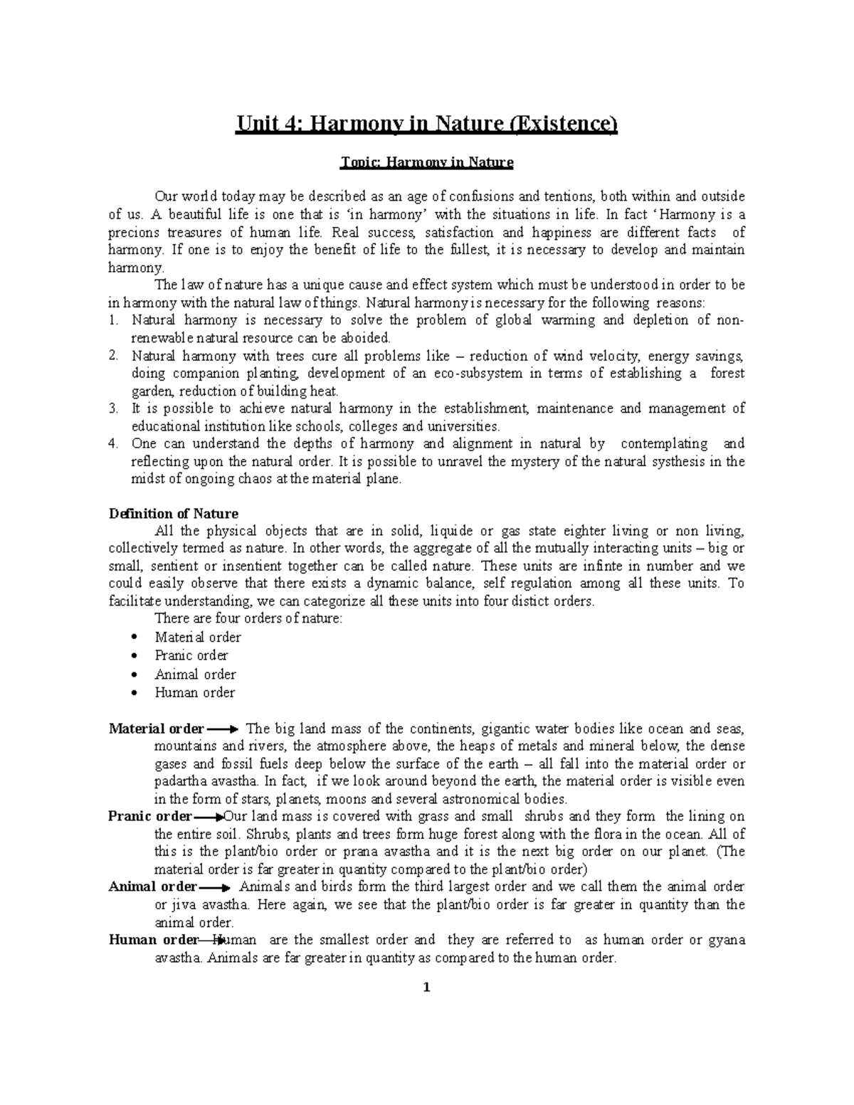 UHV UNIT IV - universal human values. - Unit 4: Harmony in Nature ...