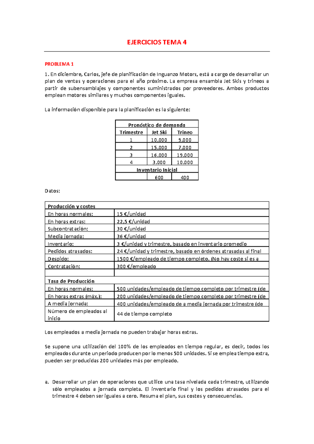 Enunciados problemas tema 4 - EJERCICIOS TEMA 4 PROBLEMA 1 En diciembre, Carlos, jefe de - Studocu