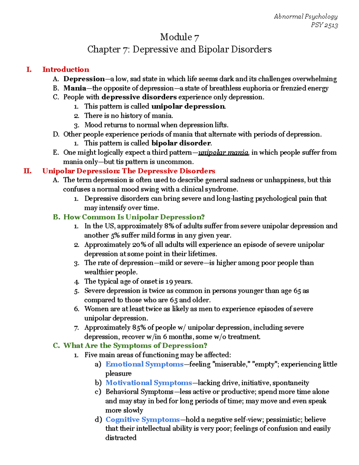 PSY 2513 Abnormal Psychology Module 7 Chapter 7 Depressive and Bipolar Disorders - PSY 2513 ...