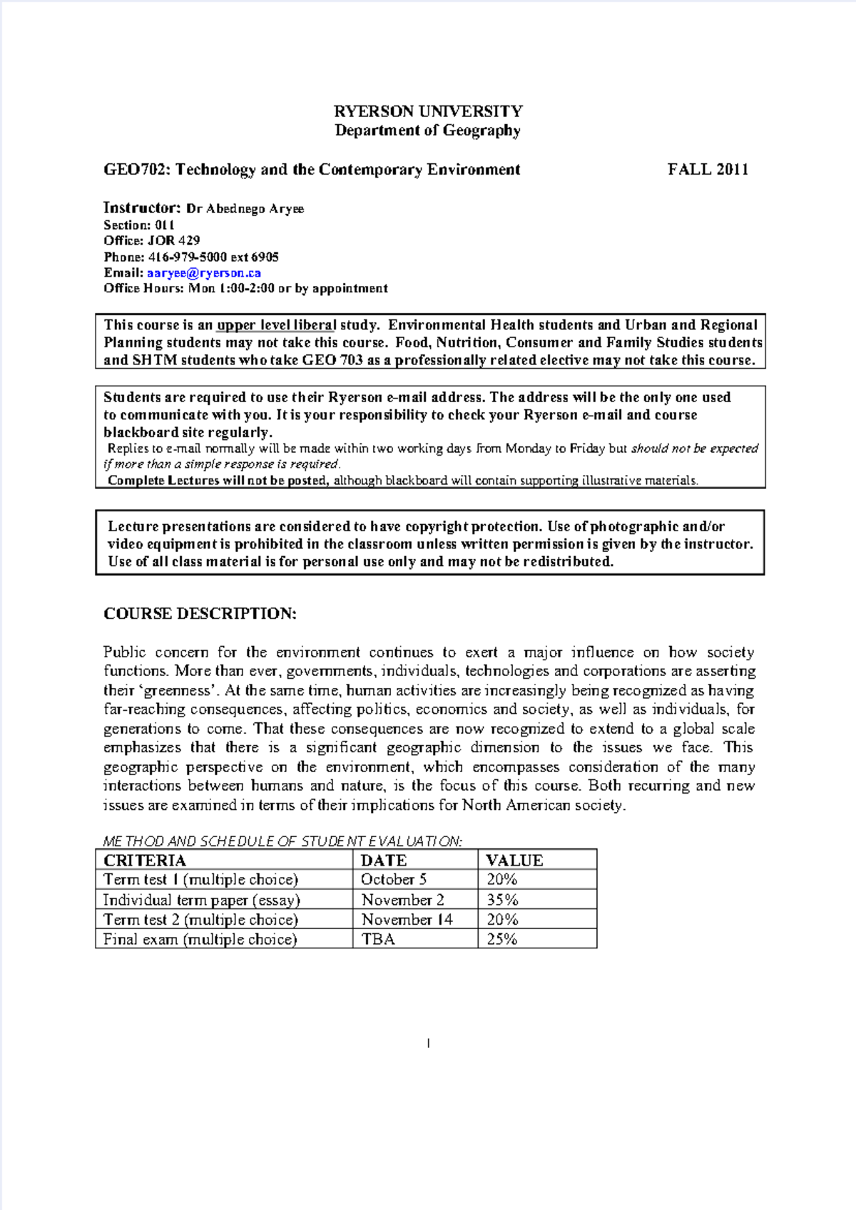 Geo 702 section 1 course outline fall - JP1000 - Toronto Met - Studocu