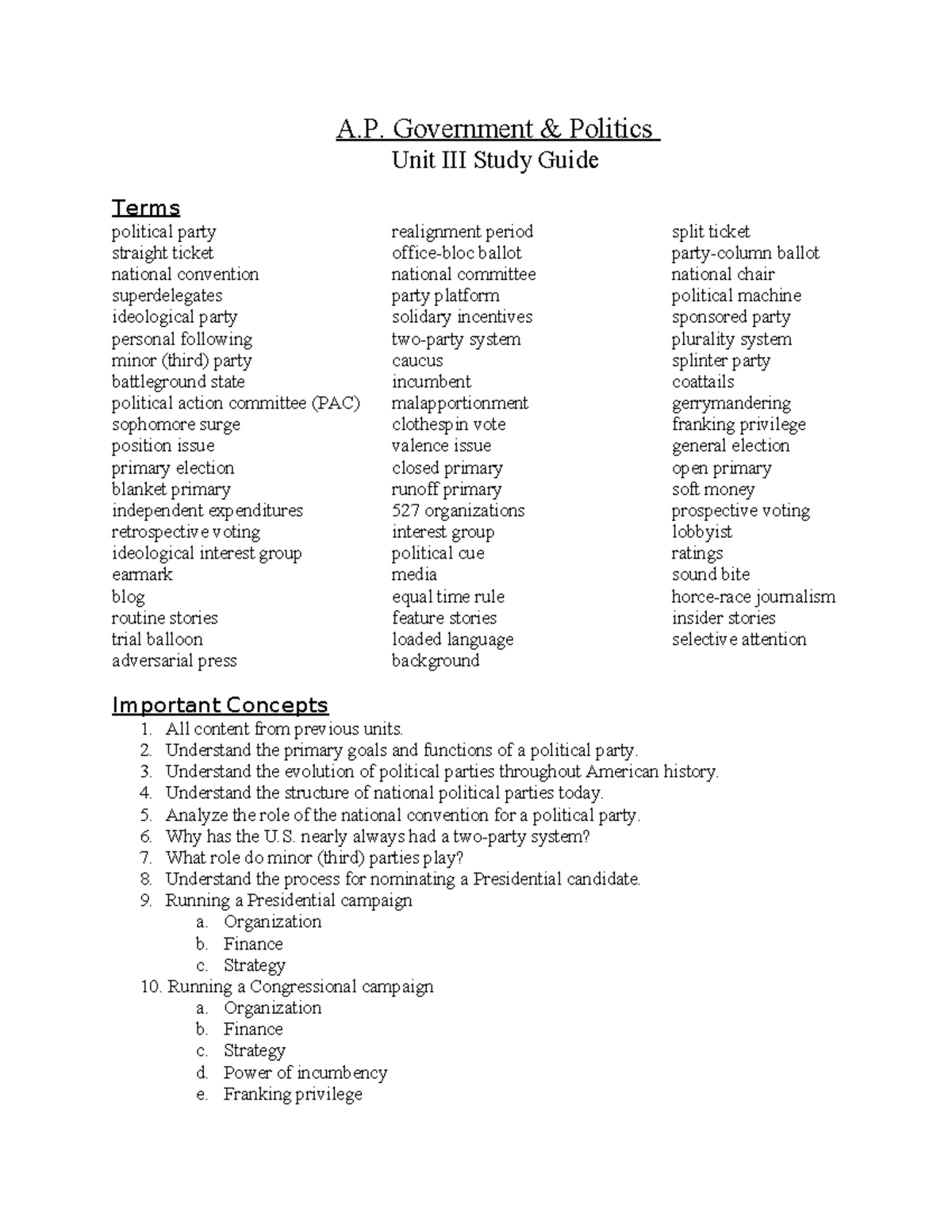 Study Guide(AP Gov) - Unit III - A. Government & Politics Unit III ...