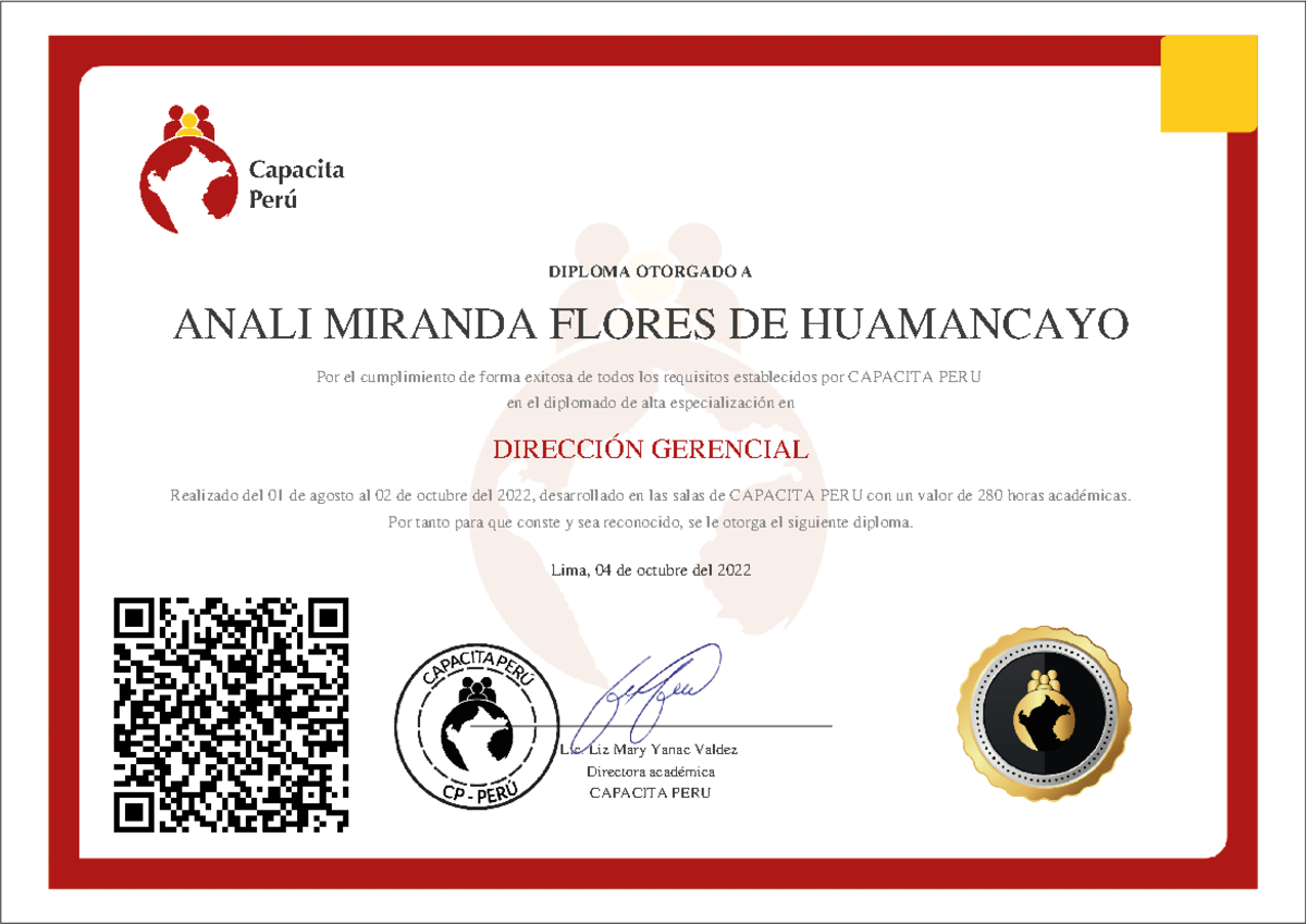 Diploma Dirección Gerencial - DIPLOMA OTORGADO A Por el cumplimiento de ...