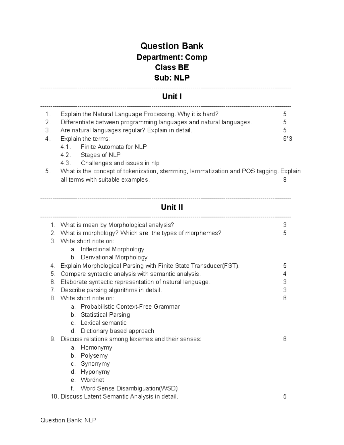 Question Bank NLP - Question Bank Department: Comp Class BE Sub: NLP ...