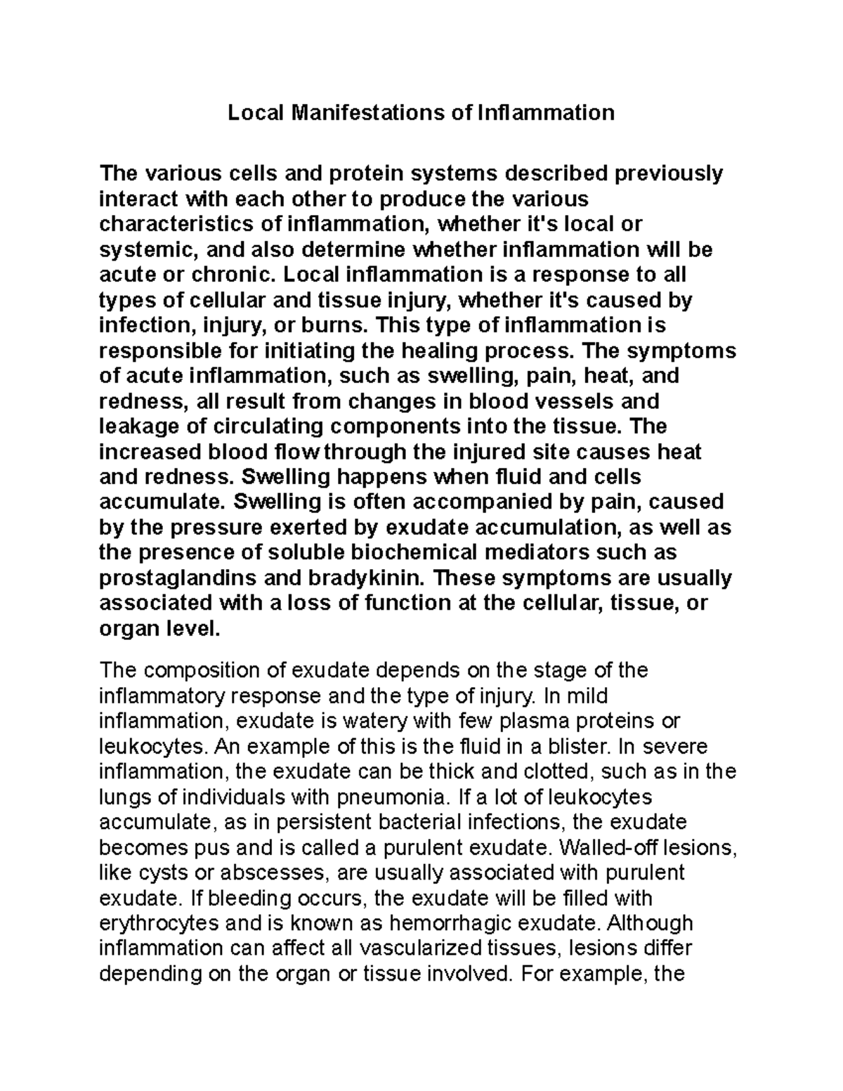 Local Manifestations of Inflammation - Local inflammation is a response ...