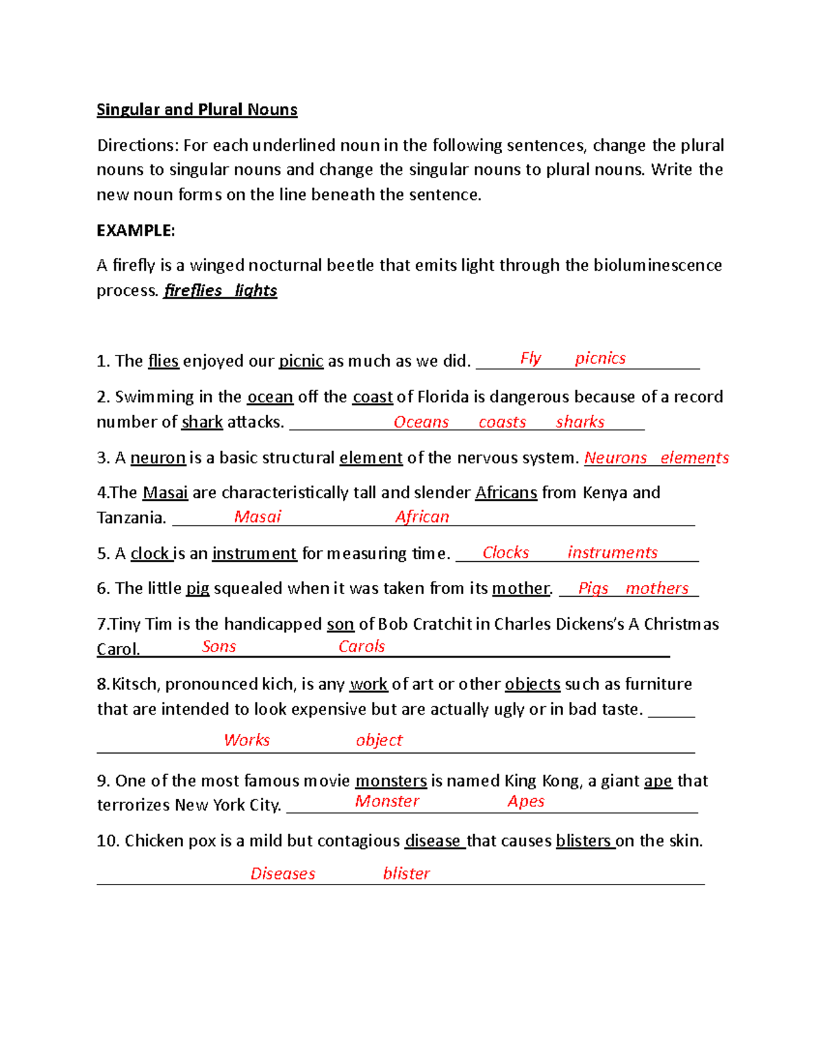 QUIZ - Singular and Plural Nouns - Singular and Plural Nouns Directions ...