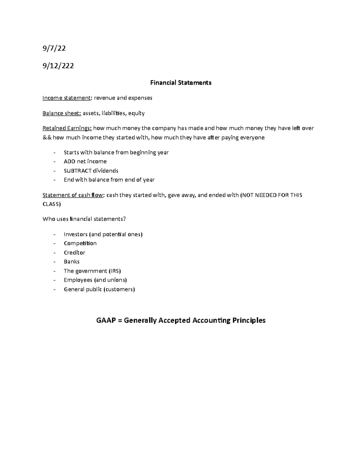 Chap 2 Lecture Notes - 9/7/ 9/12/ Financial Statements Income statement ...
