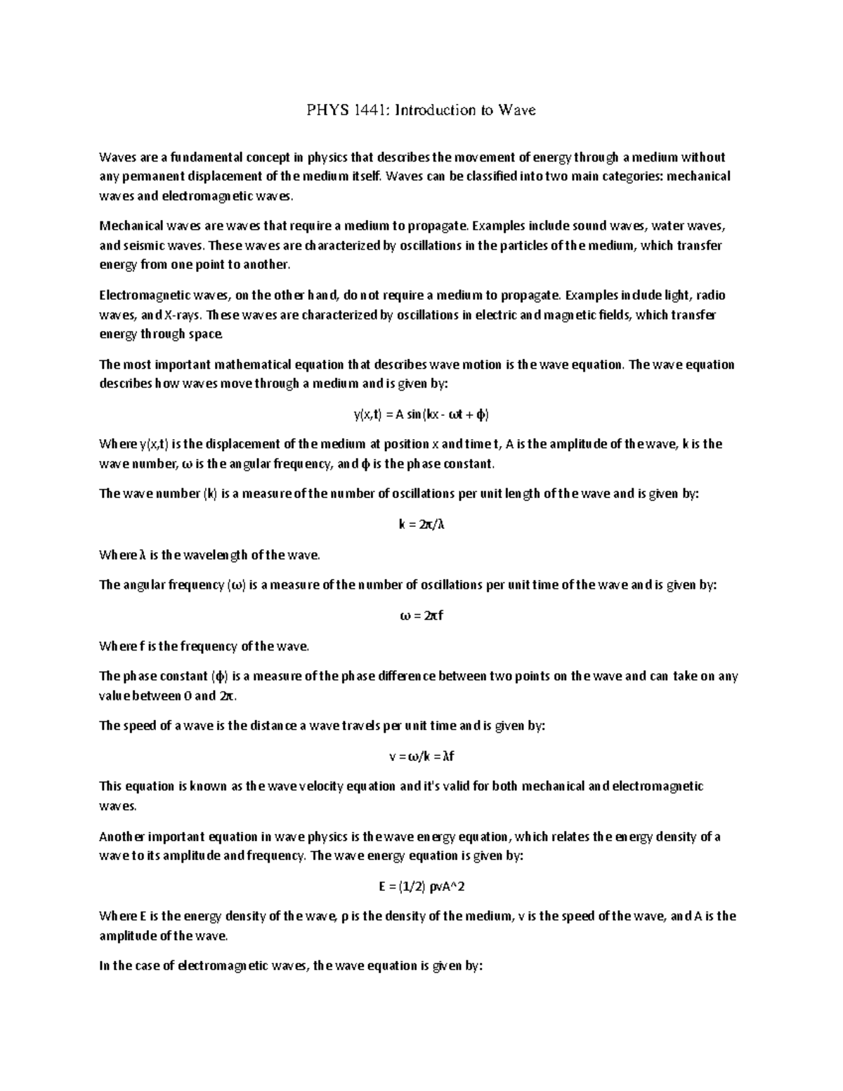 Introduction to Waves - PHYS 1441: Introduction to Wave Waves are a ...