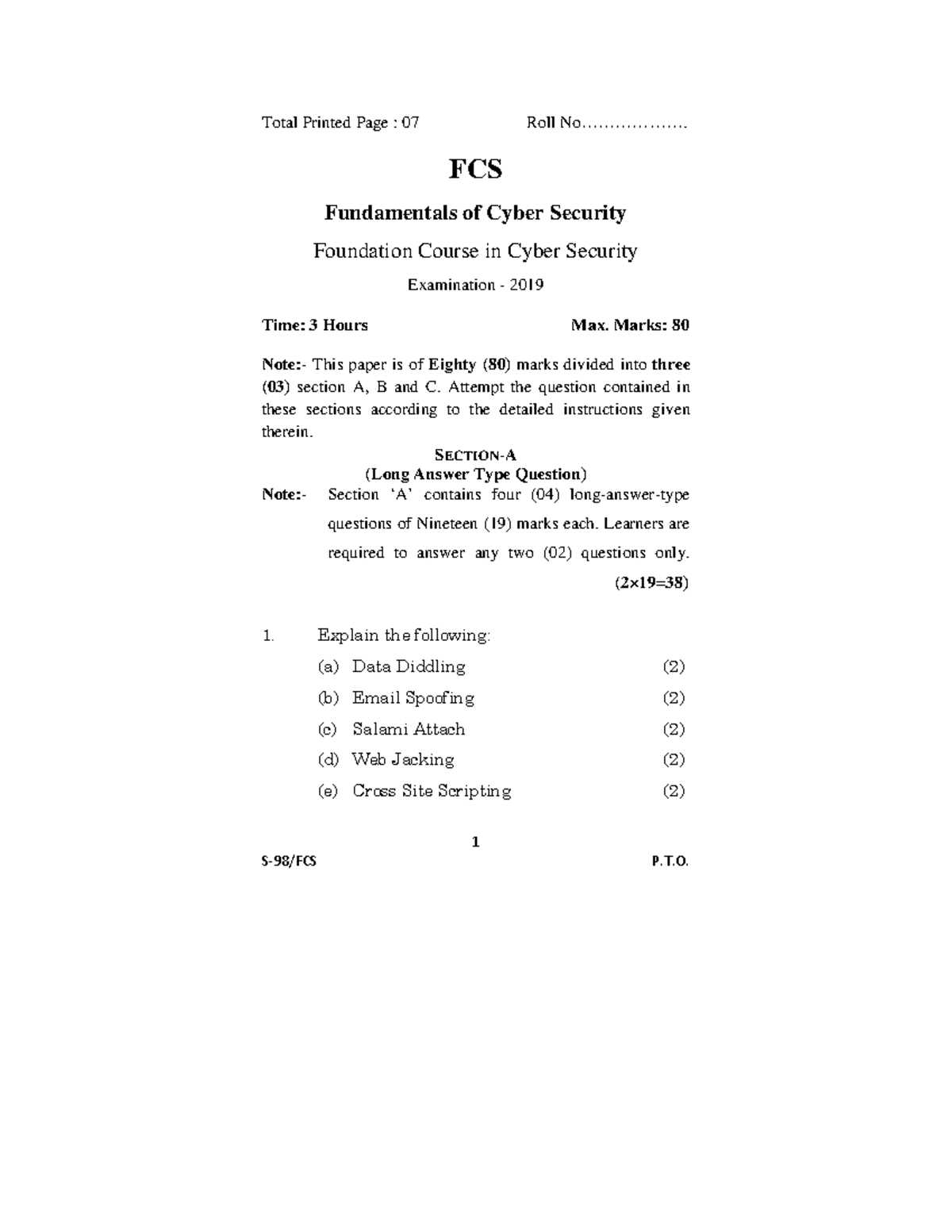 FCS - Digital Forensic Previous paper 2022 - 1 Total Printed Page : 07 ...