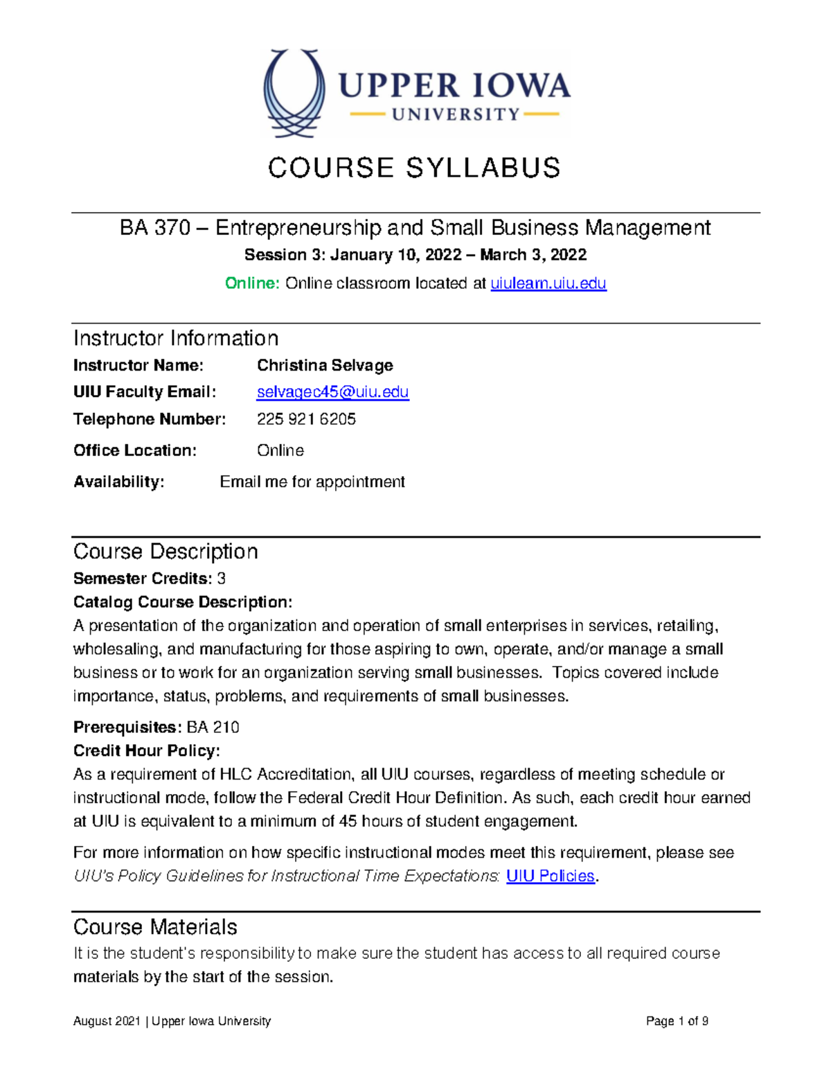 BA 370 – Entrepreneurship and Small Business Management - COURSE ...
