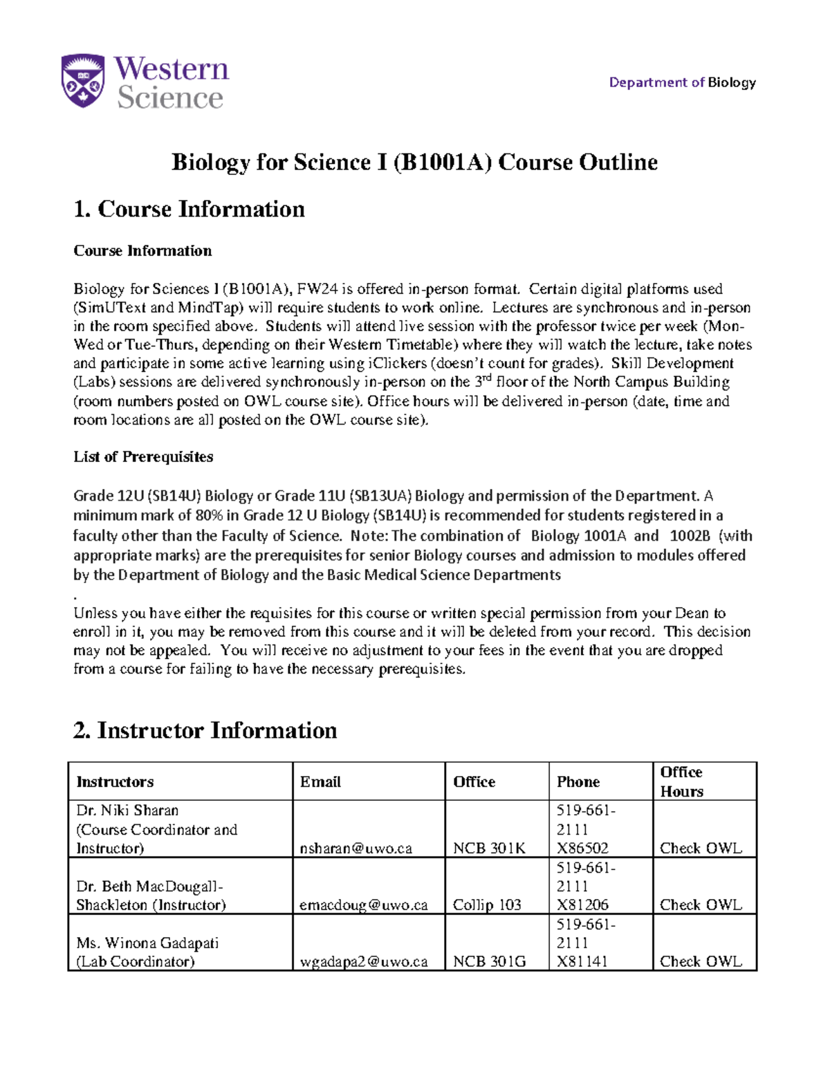 B1001A Course Outline FW24 OWL Post - Department of Biology Biology for ...