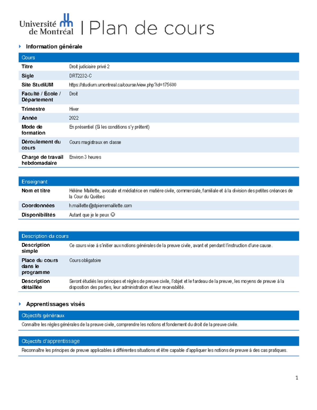 Plan de cours DRT2232 - Hiver 2022 - DRT2232G - UdeM - Studocu
