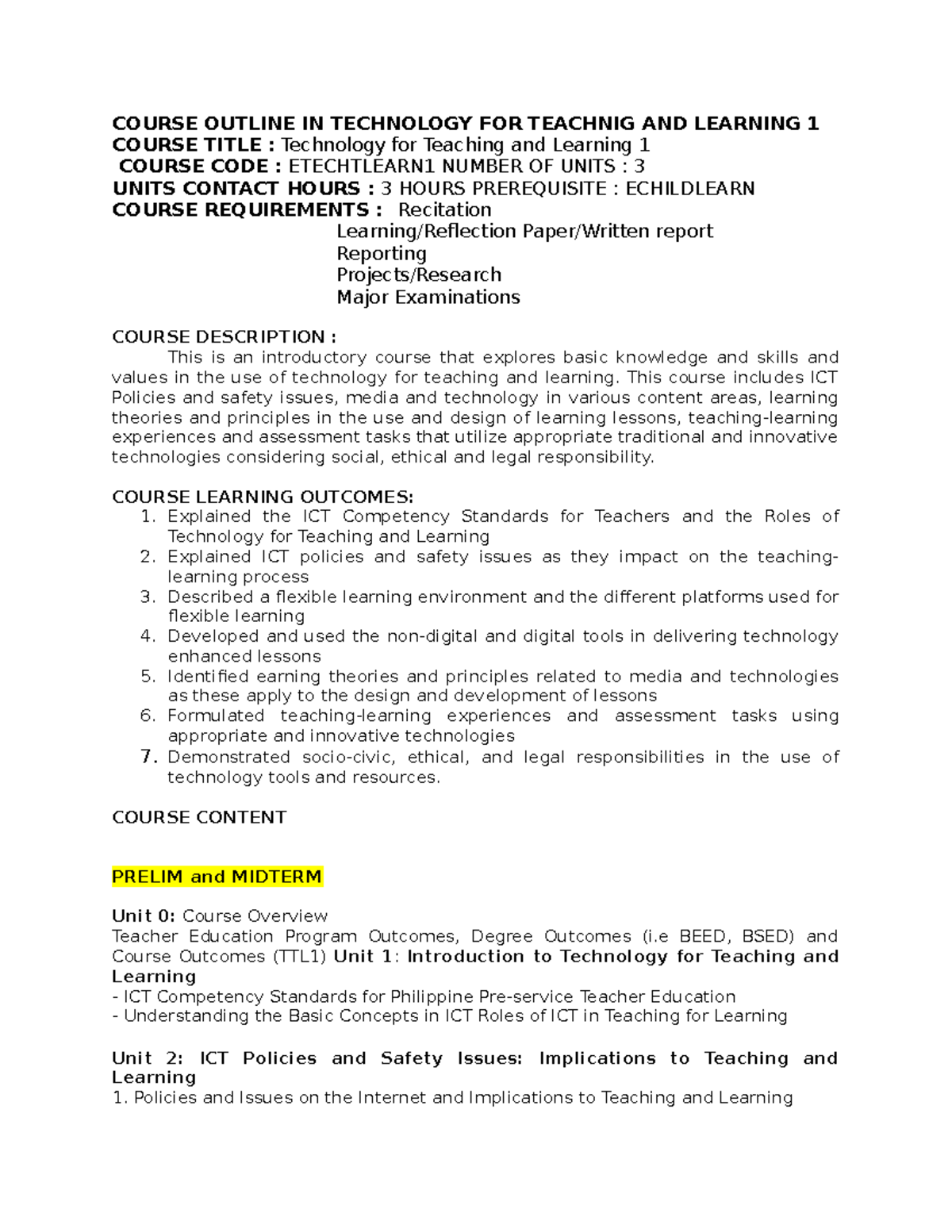 Syllabus- Course Outline IN Technology FOR Teachnig AND Learning 1 ...