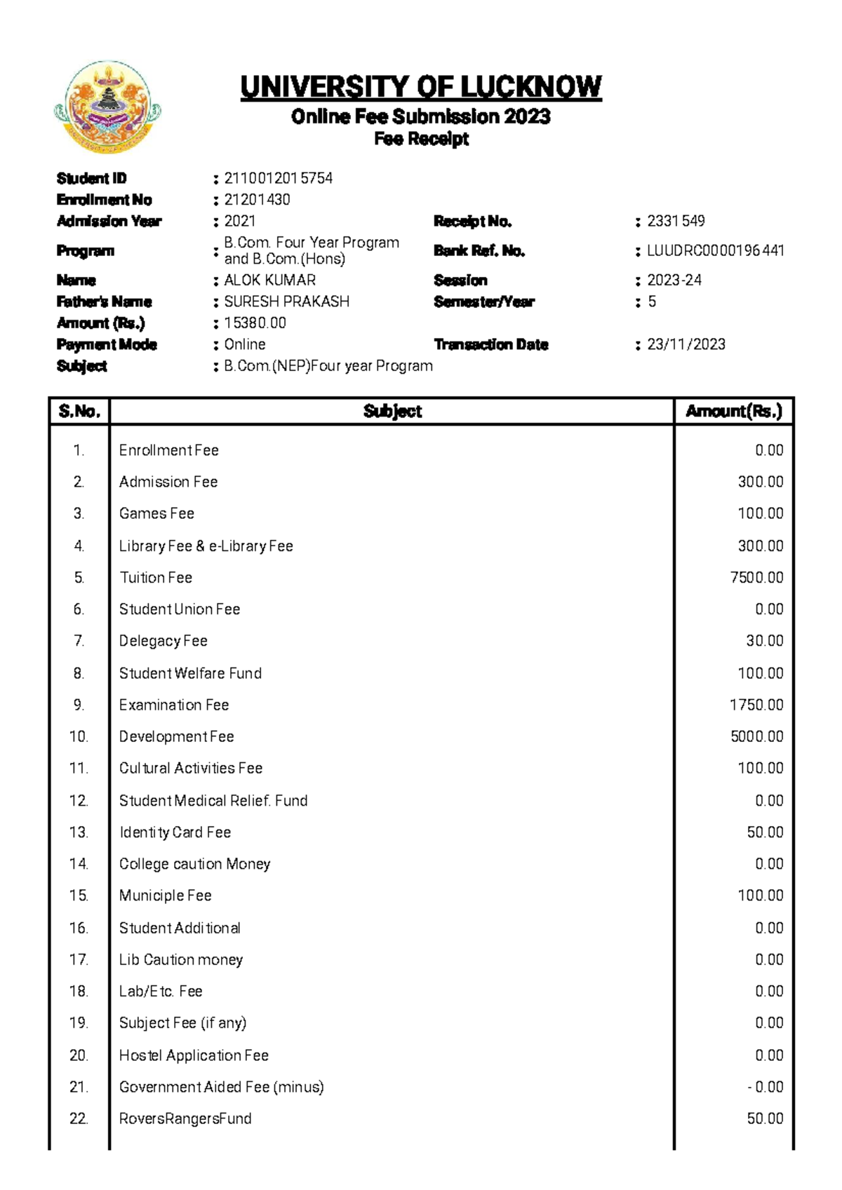 Fee Receipt 5th sem - UNIVERSITY OF LUCKNOW Online Fee Submission 2023 ...