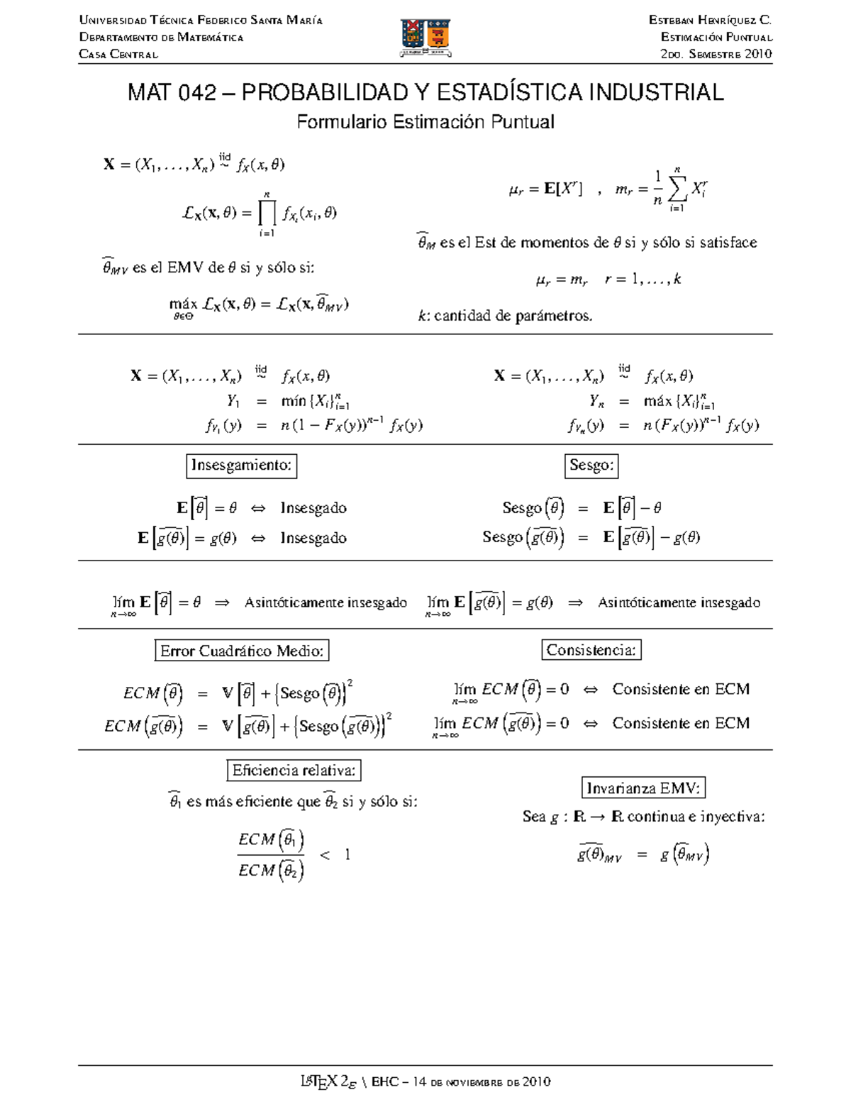 Formulario estimación puntual - Universidad T´ecnica Federico Santa Mar´ıa Departamento de - Studocu