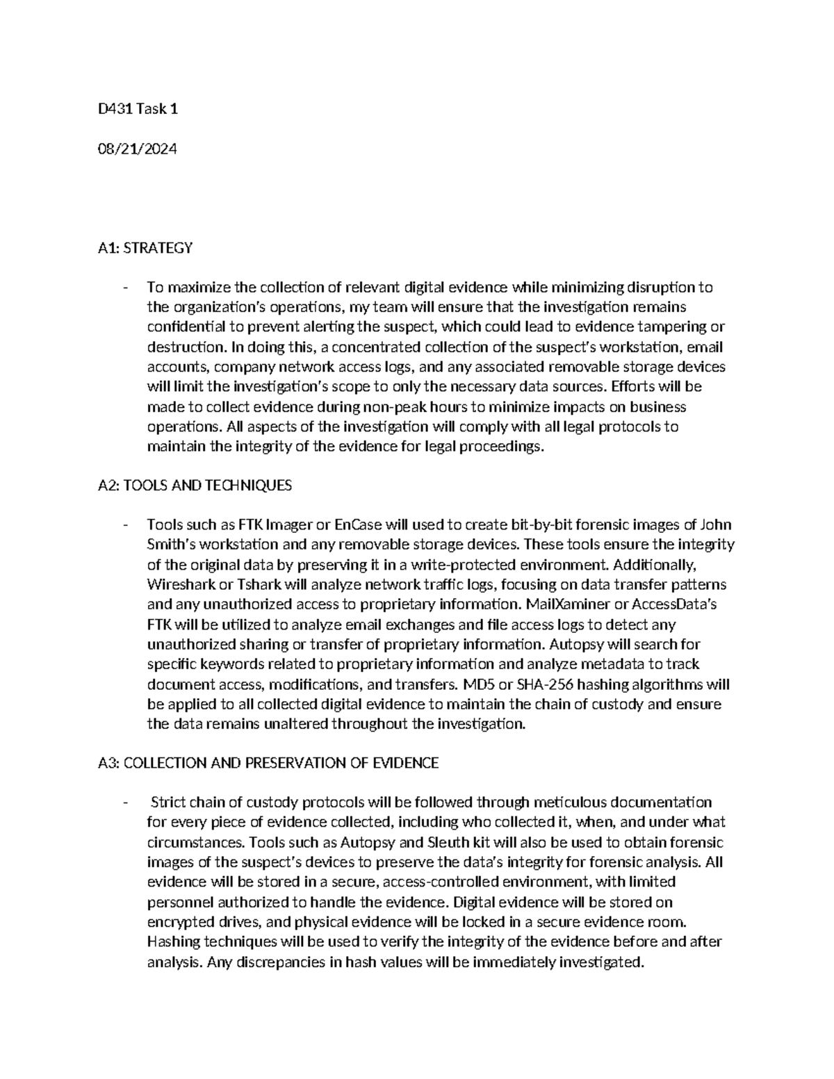 Task 1 assignment - D431 Task 1 08/21/ A1: STRATEGY - To maximize the collection of relevant ...
