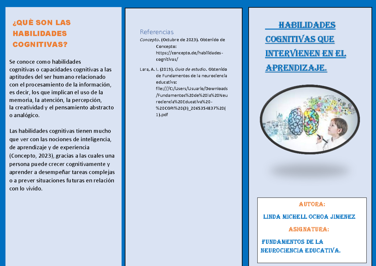 Triptico PAE 2 - Se conoce como habilidades cognitivas o capacidades cognitivas a las aptitudes ...