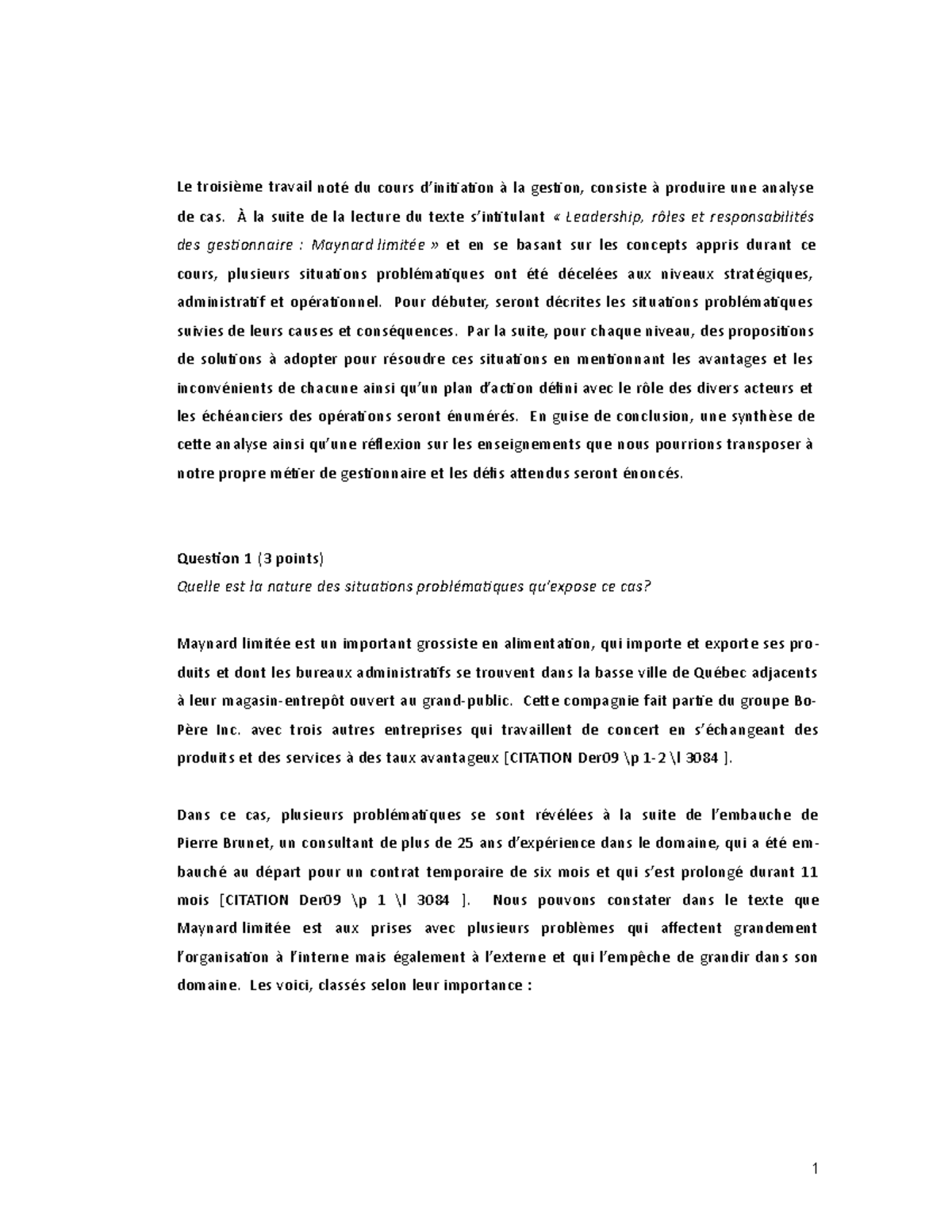 ADM1002 TN3 - Maynard limitée - Le troisième travail noté du cours d’initiation à la gestion ...
