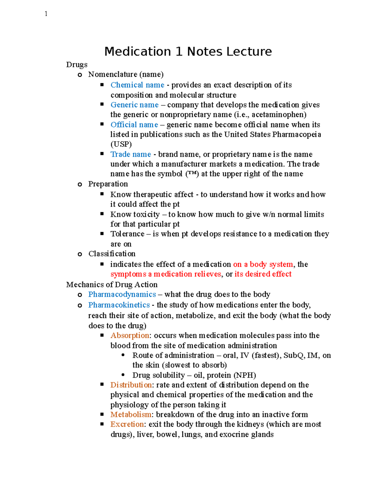Medication 1 Notes Lecture - Medication 1 Notes Lecture Drugs o ...