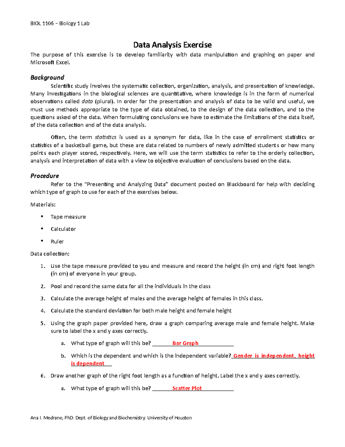 Week 1 Data Analysis Exercise - BIOL 1106 – Biology 1 Lab Data Analysis Exercise The purpose of ...