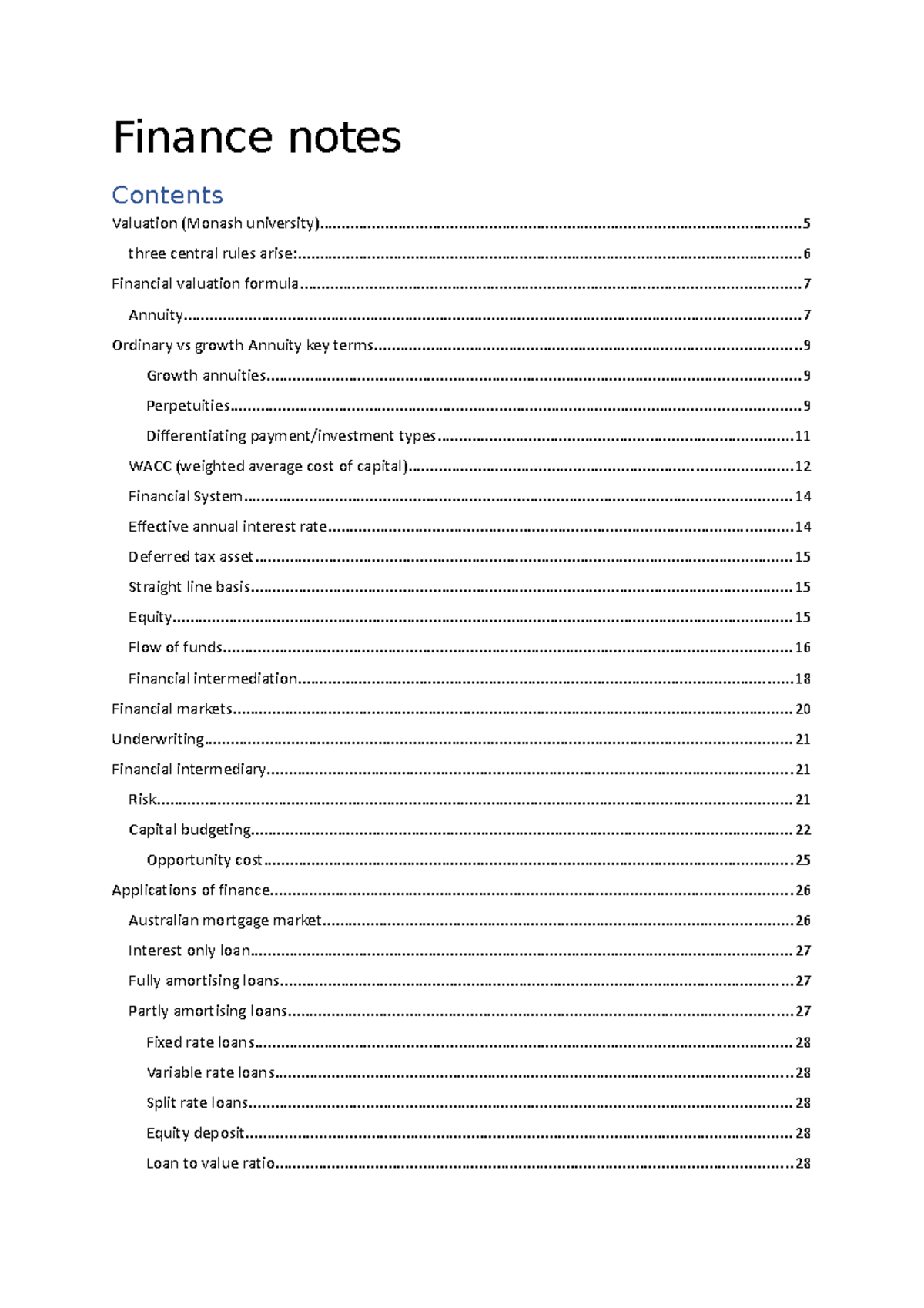 Finance notes - Finance notes Valuation (Monash - Studocu