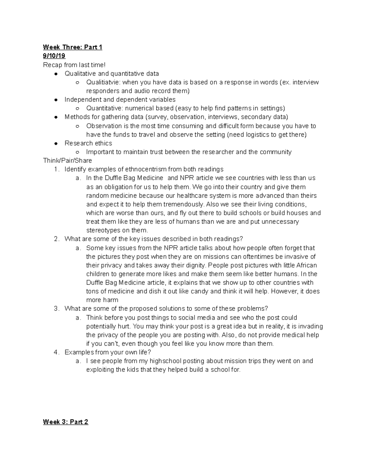 Week 3 notes SOC 201 - Week Three: Part 1 9/10/ Recap from last time ...