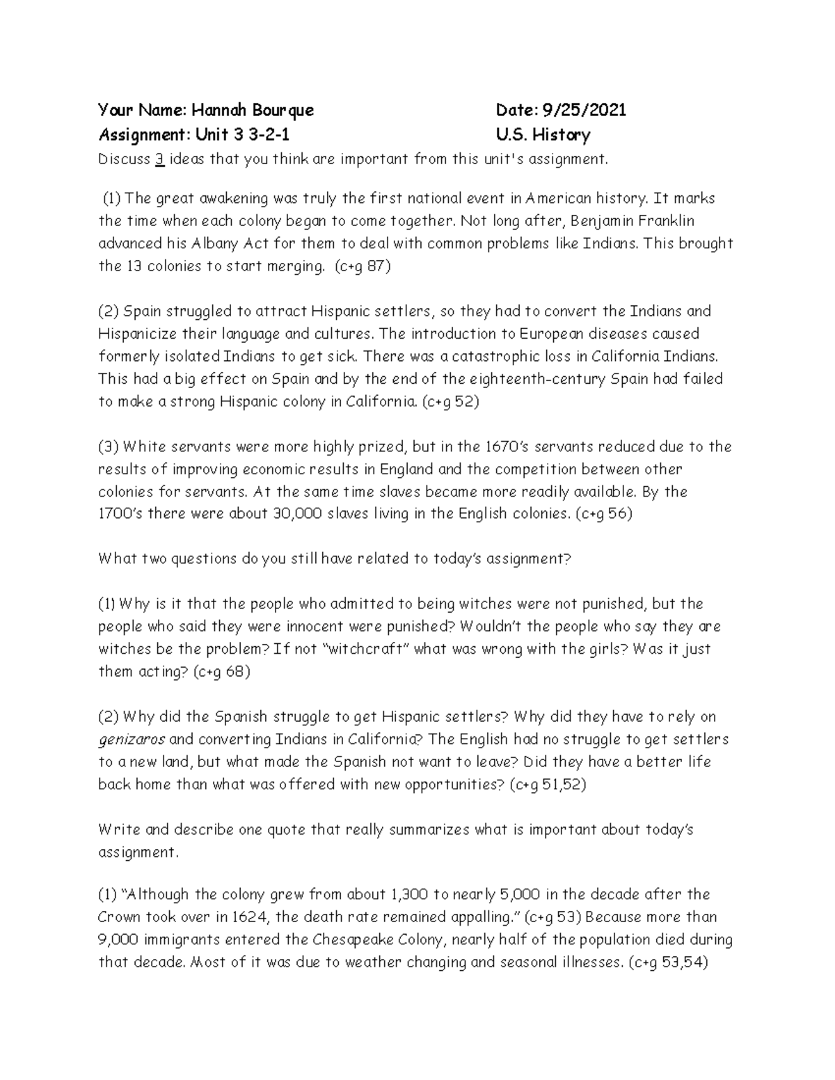 Unit 3 3-2-1 - U.S. History 3-2-1 assignment - Your Name: Hannah Bourque Date: 9/25/ Assignment ...