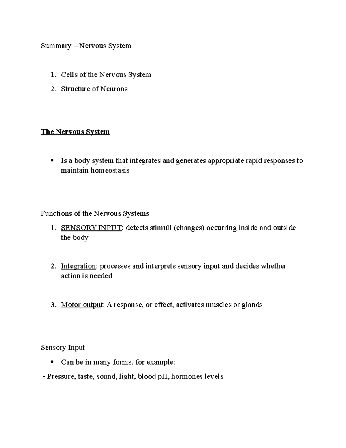 Nervous 1 - Summary – Nervous System Cells of the Nervous System ...