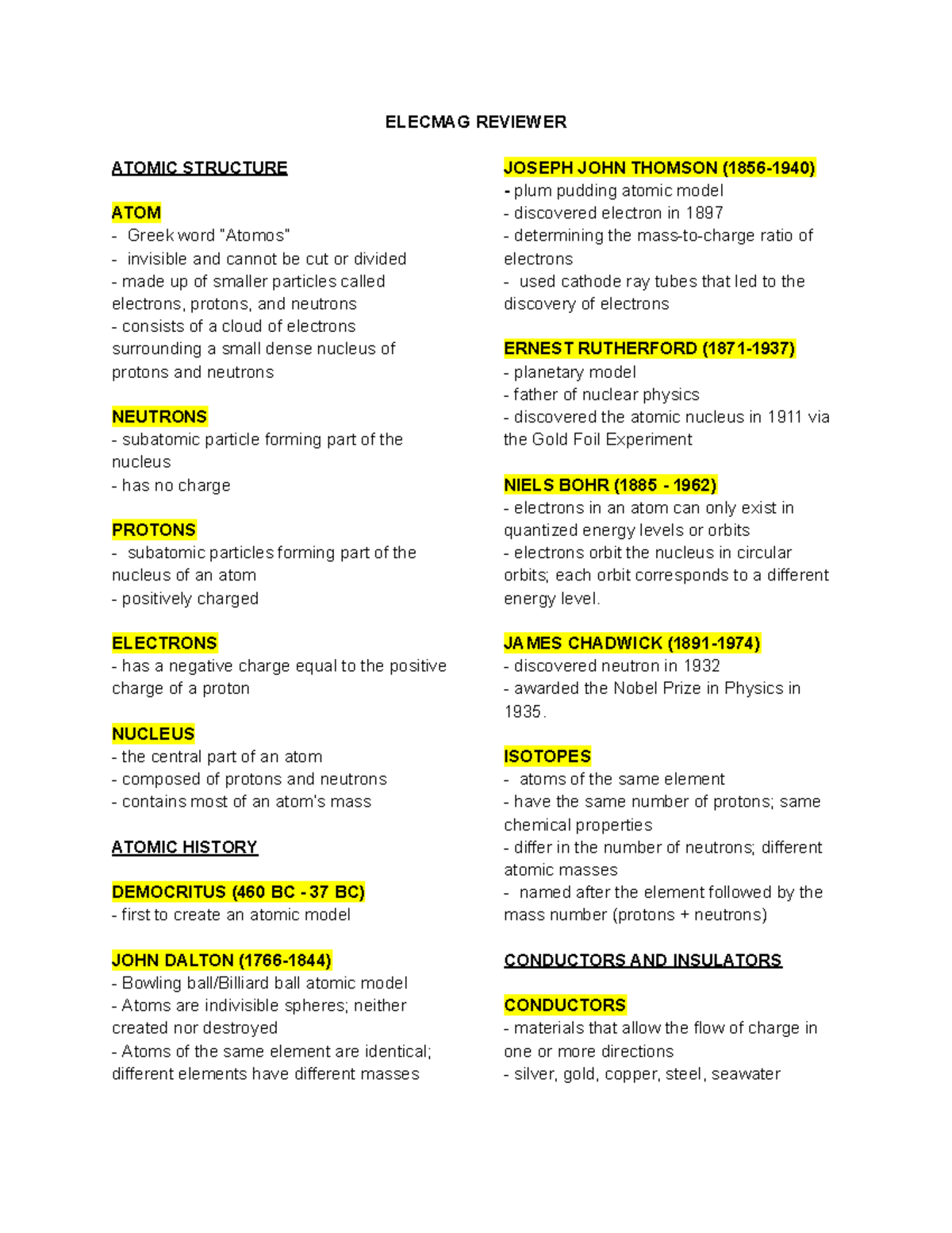 Electricity and Magnetism Reviewer - ELECMAG REVIEWER ATOMIC STRUCTURE ...
