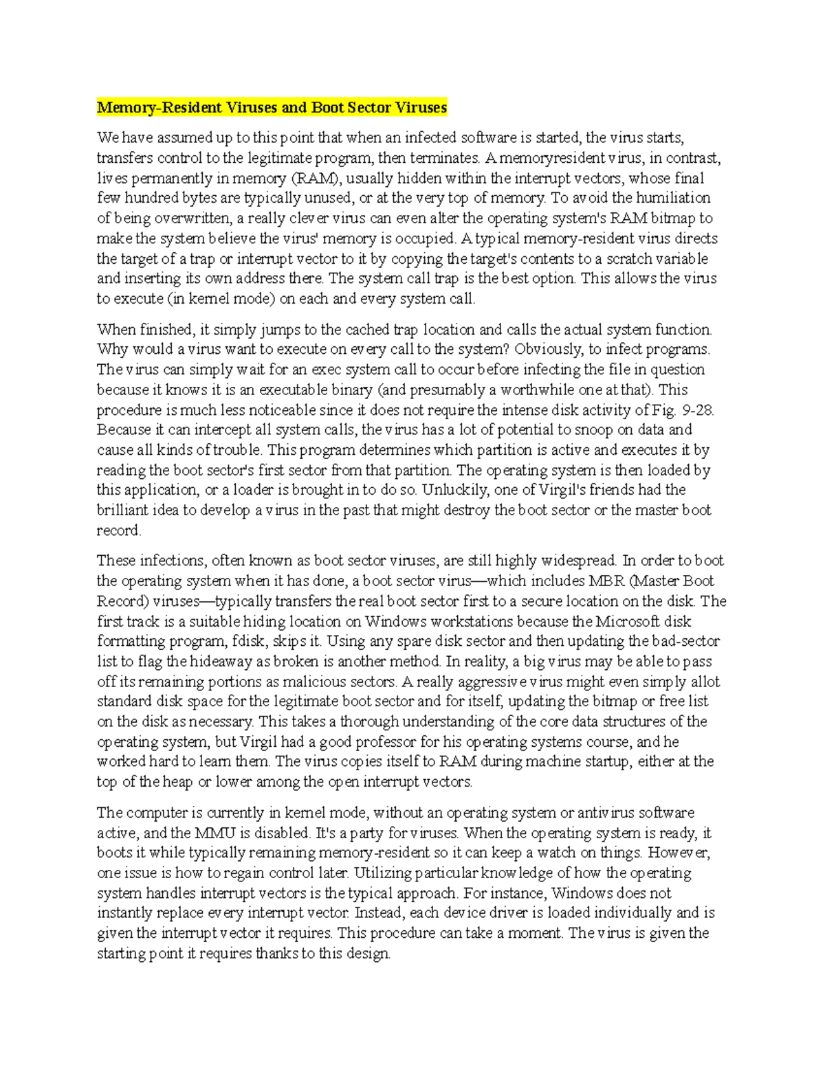 Memory-Resident Viruses and Boot Sector Viruses - A memoryresident ...