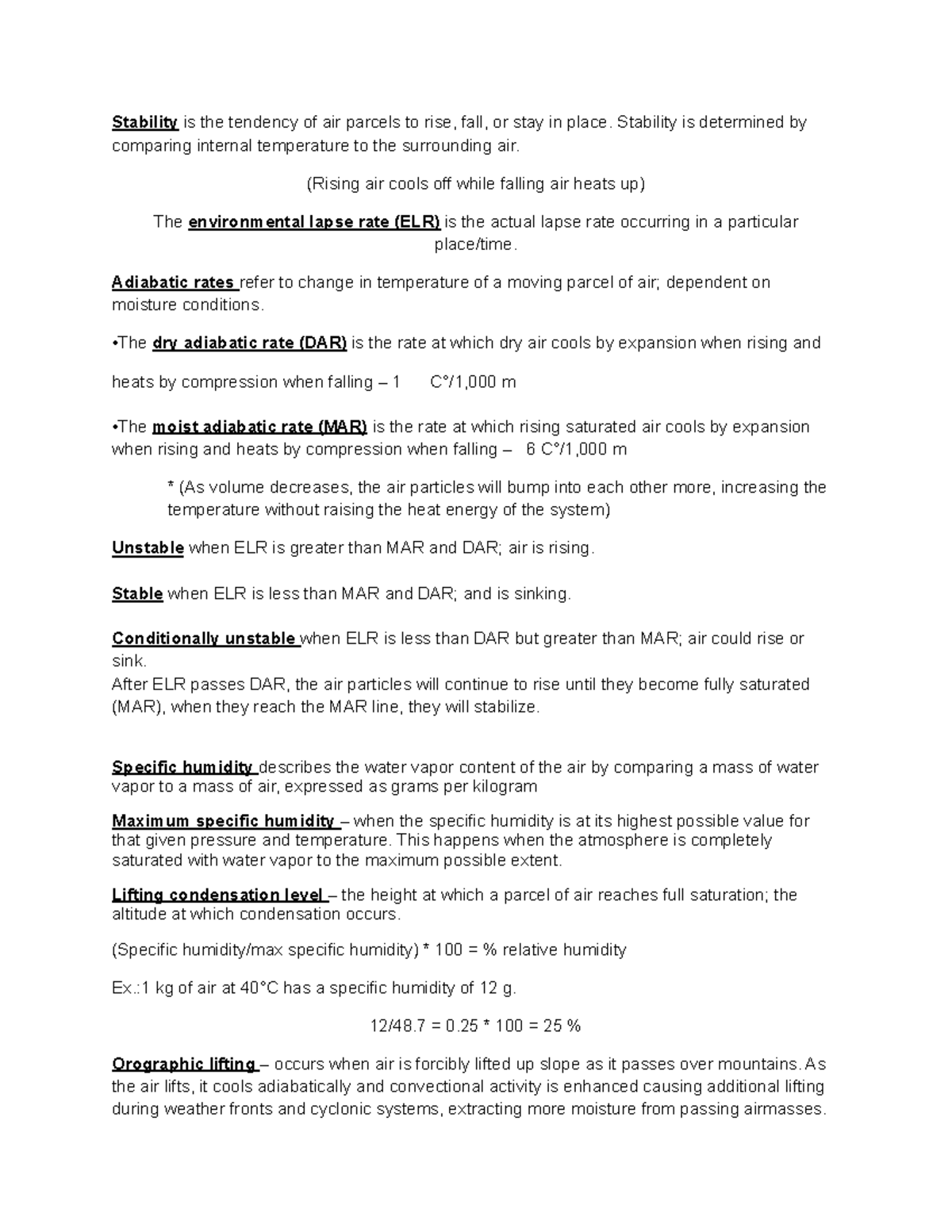 Stability and Adiabatic Processes - Stability is the tendency of air ...