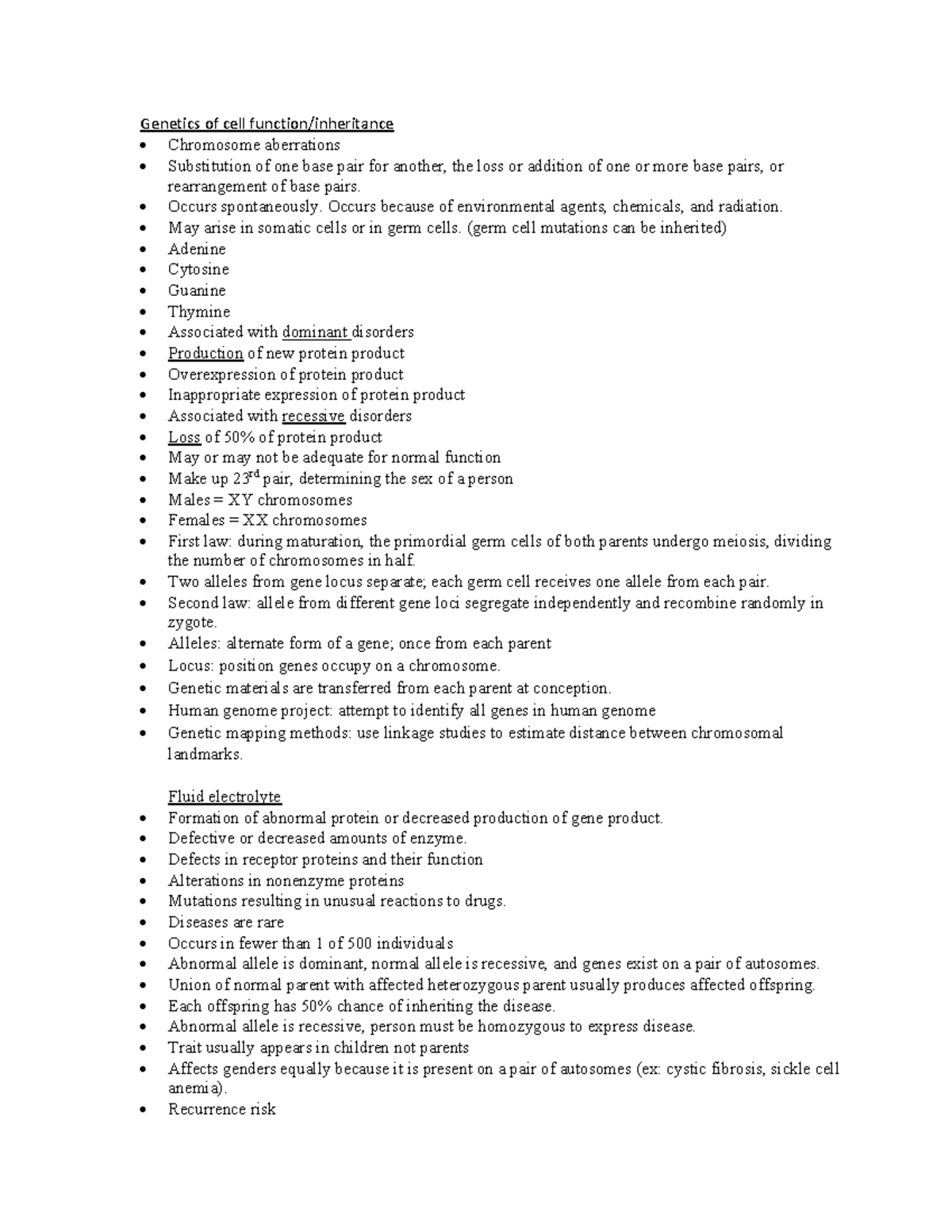 Pathophysiology notes 1 - Genetics of cell function/inheritance ...
