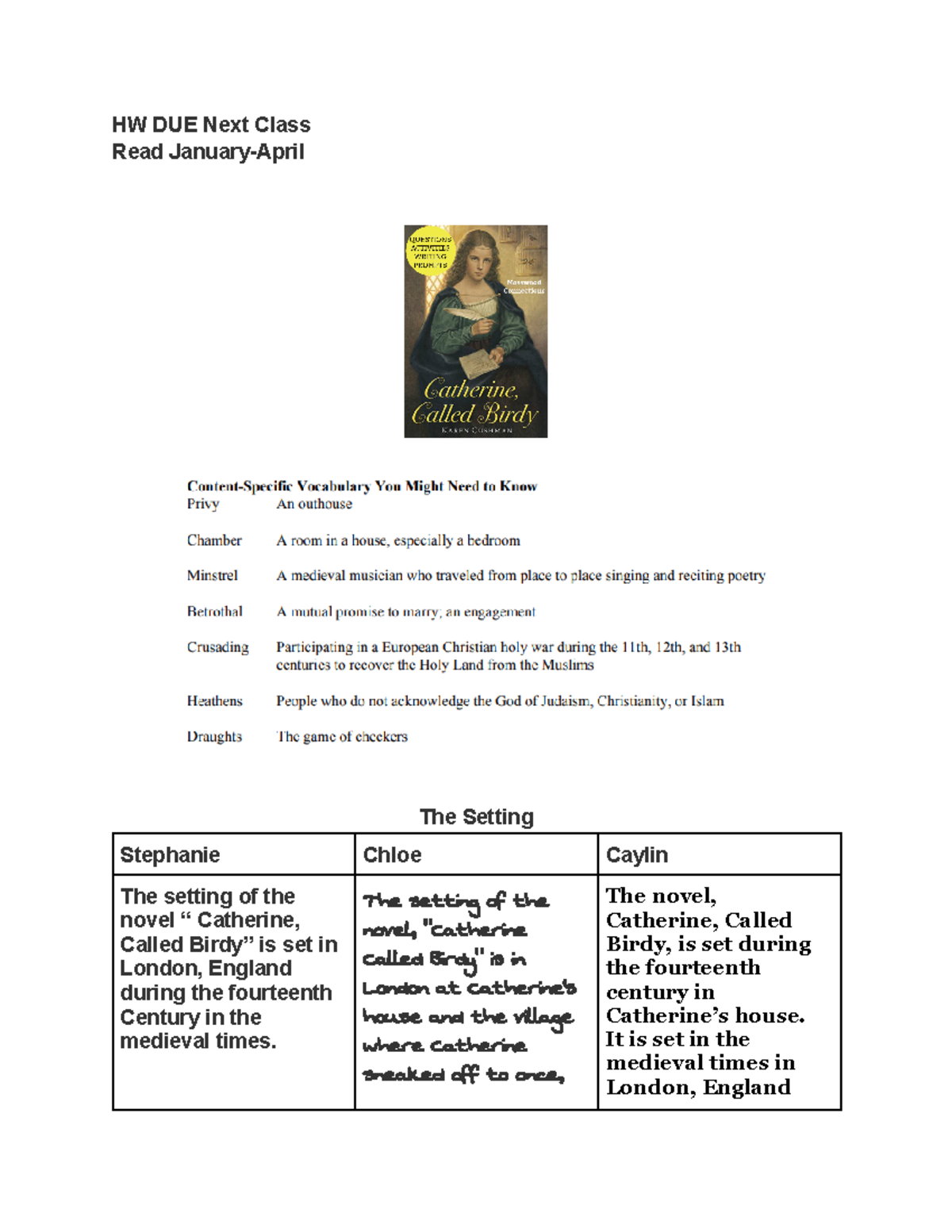 1 9 Catherine Called Birdy Part 1 Chloe, Caylin, Stephanie - HW DUE ...