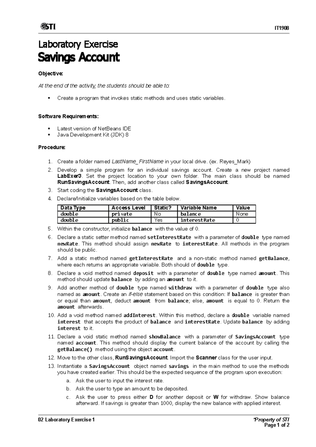 02 Laboratory Exercise 1(32) - Laboratory Exercise Savings Account ...