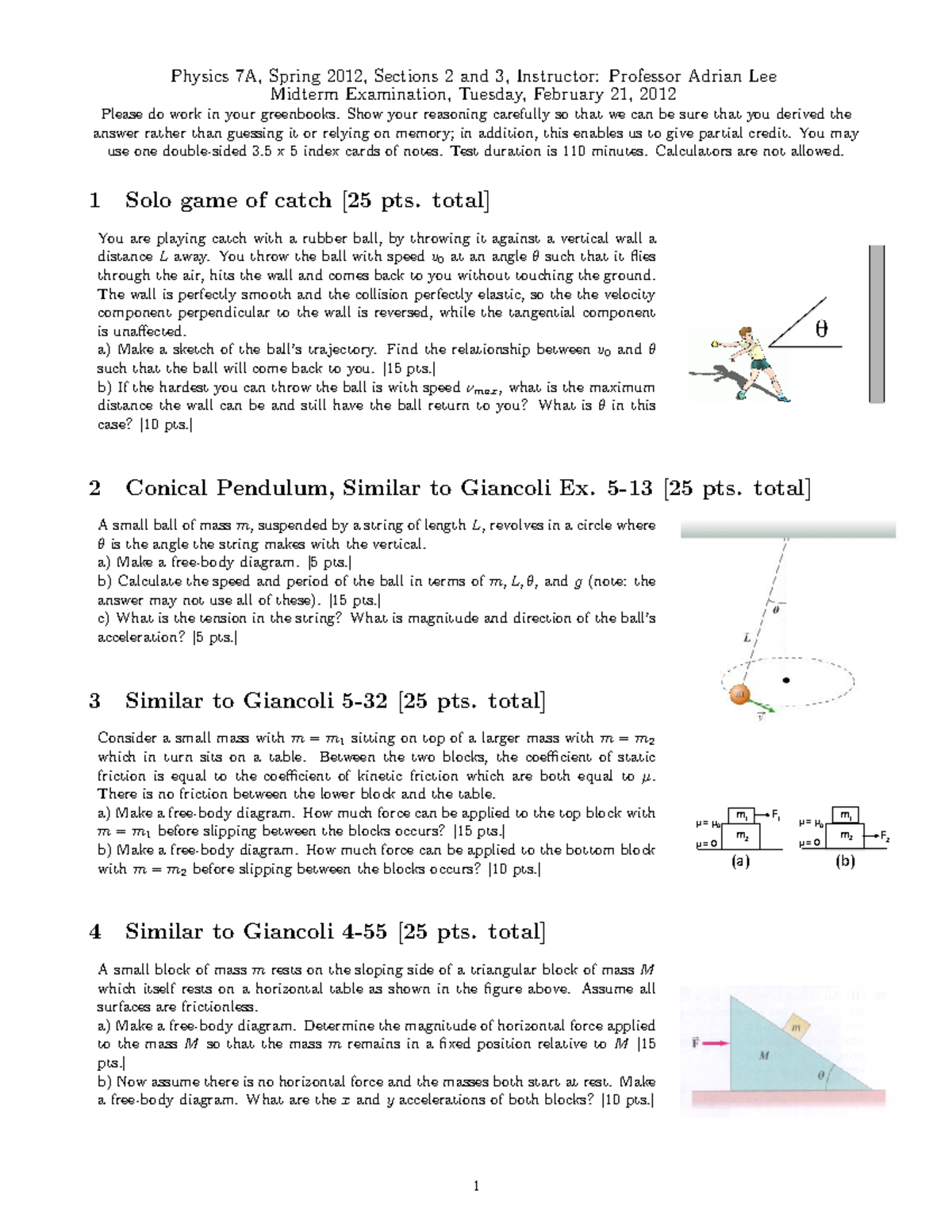 Physics 7A Spring 2012 Midterm 1 - Physics 7A, Spring 2012, Sections 2 ...