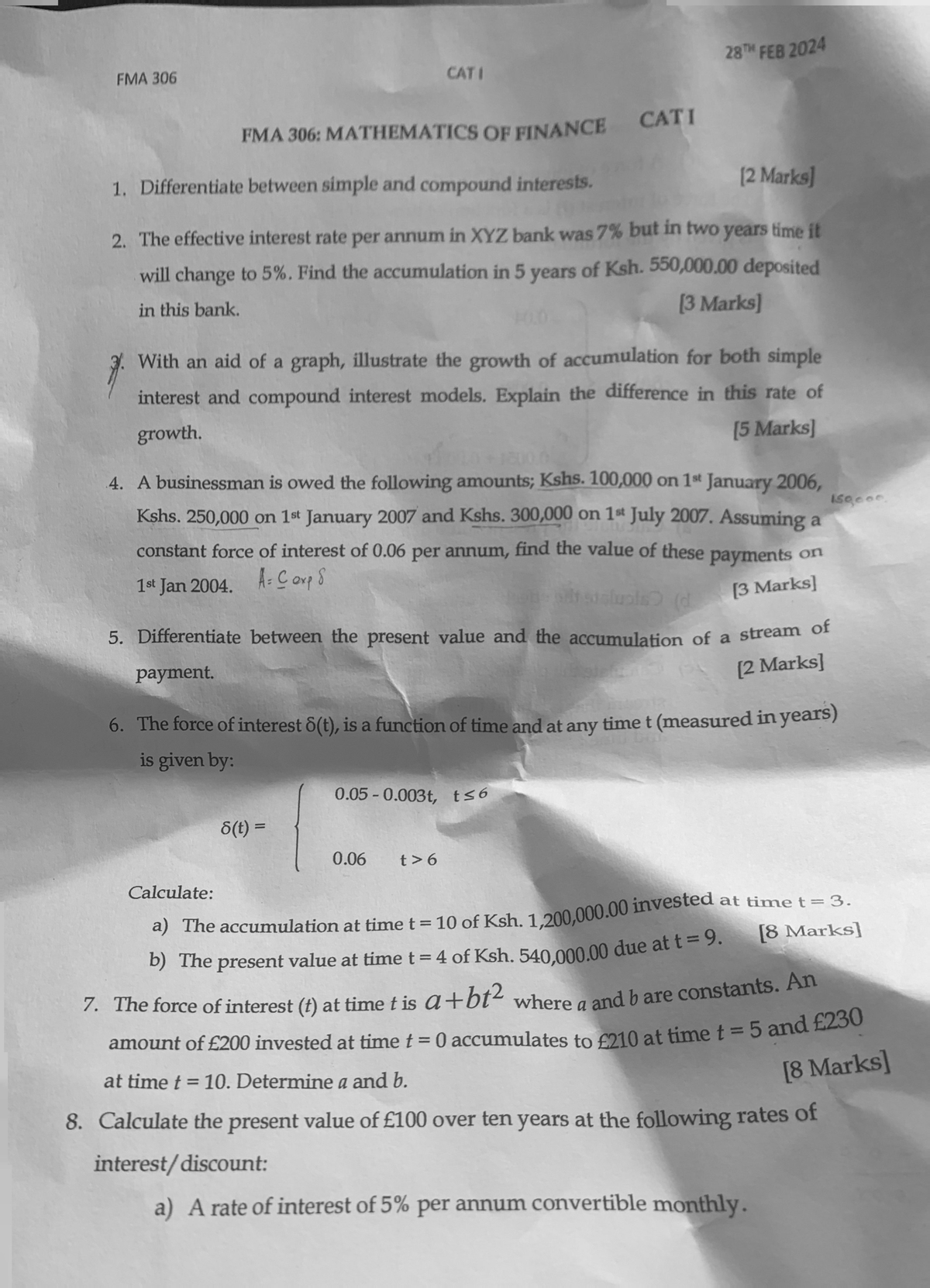 FMA 306 CAT 1 - Financial Mathematics - Studocu