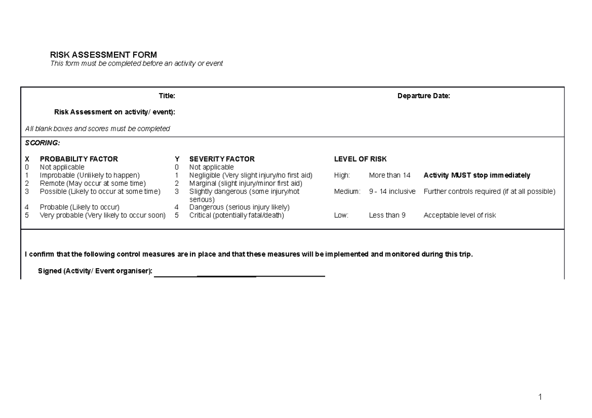 Risk Assessment - blank - RISK ASSESSMENT FORM This form must be ...