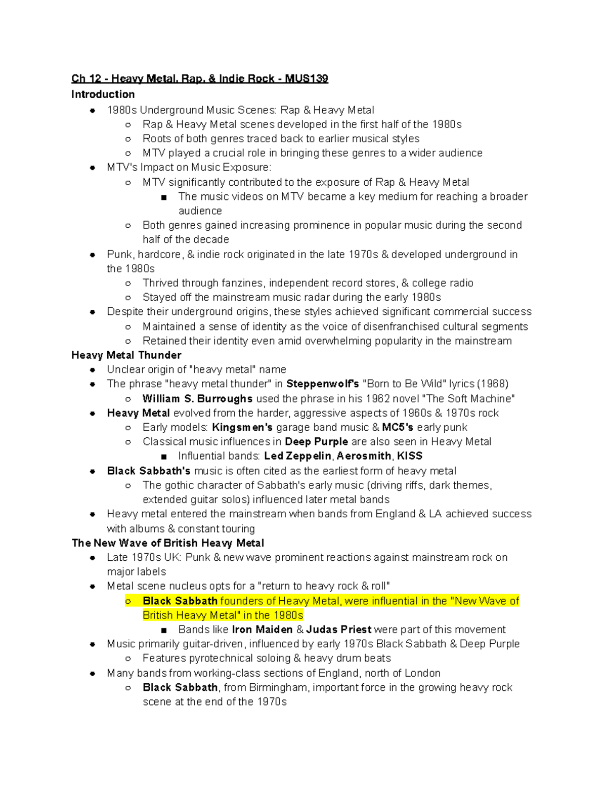 Ch 12 - Heavy Metal, Rap, and Indie Rock - MUS139 - Google Docs - Ch 12 ...