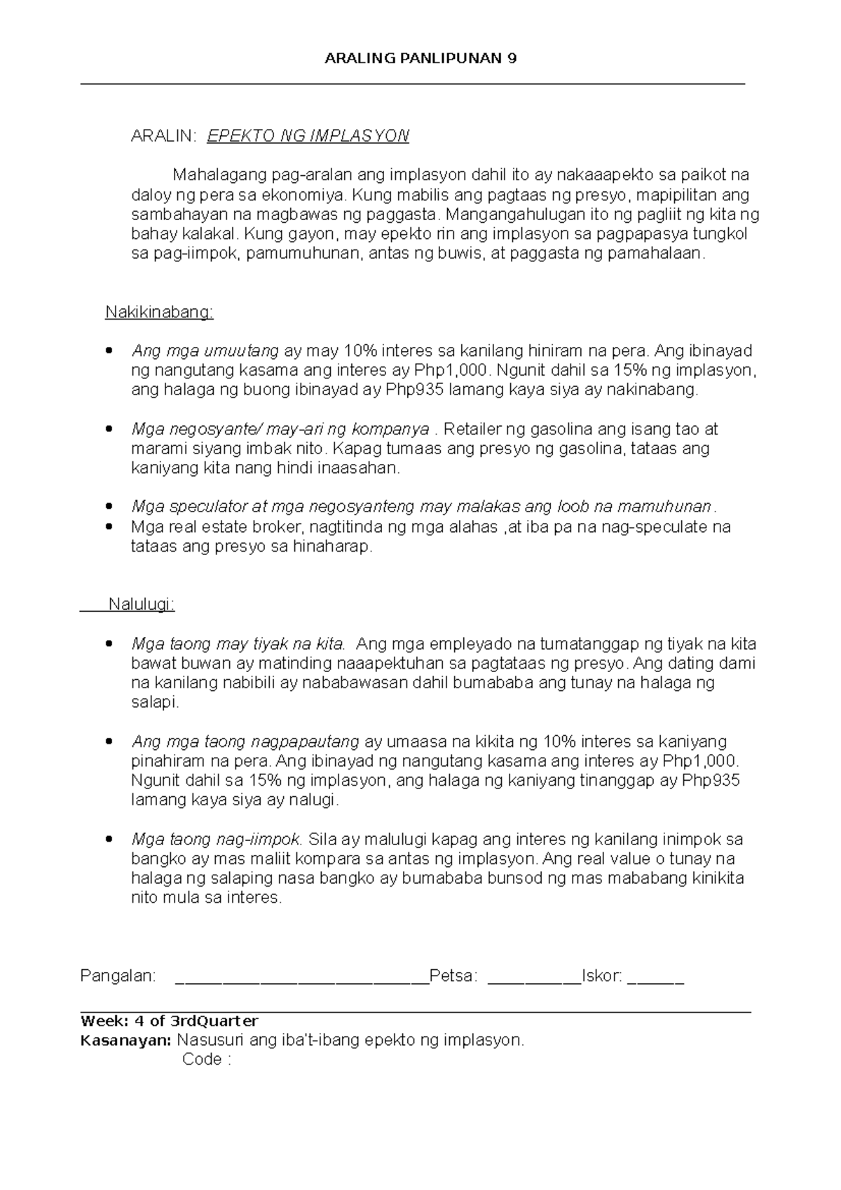 Epekto ng Implasyon - Lecture notes - ARALING PANLIPUNAN 9 ARALIN ...