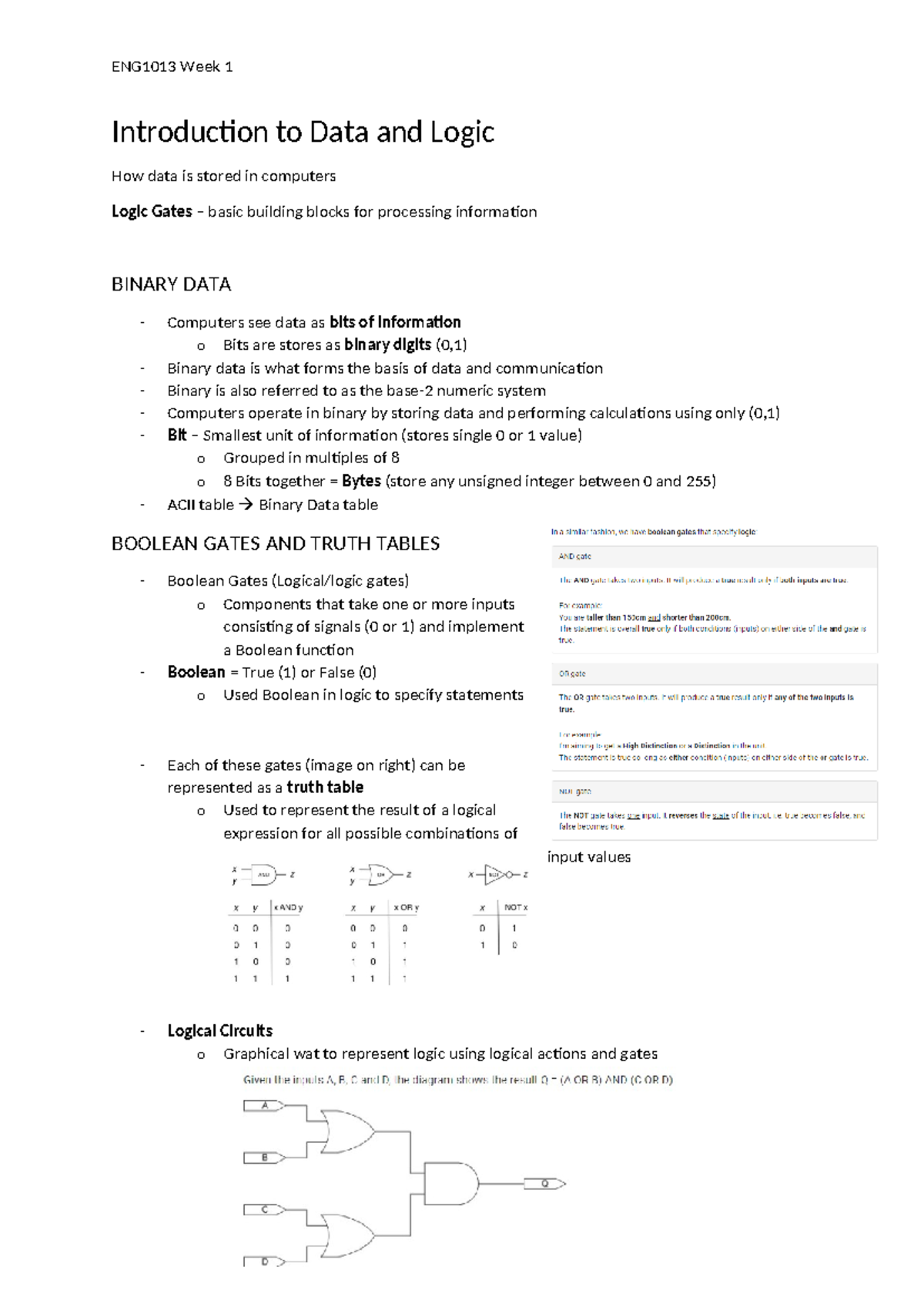 W1 Introduction to Data and Logic - ENG1013 Week 1 Introduction to Data and Logic How data is ...