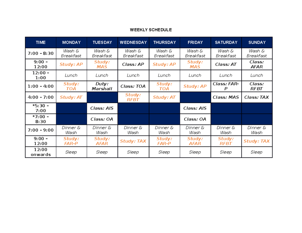 Daily Schedule - WEEKLY SCHEDULE TIME MONDAY TUESDAY WEDNESDAY THURSDAY ...