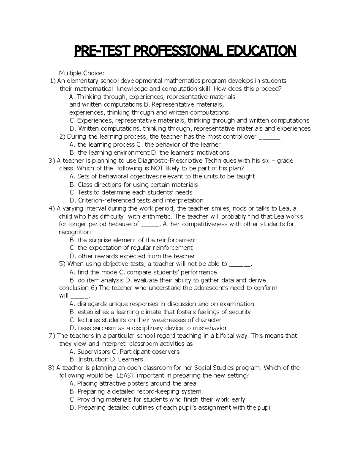 Pretest PROF ED 2022 - PROF ED CURRICULUM DEVELOPMENT LET 2022 - PRE ...