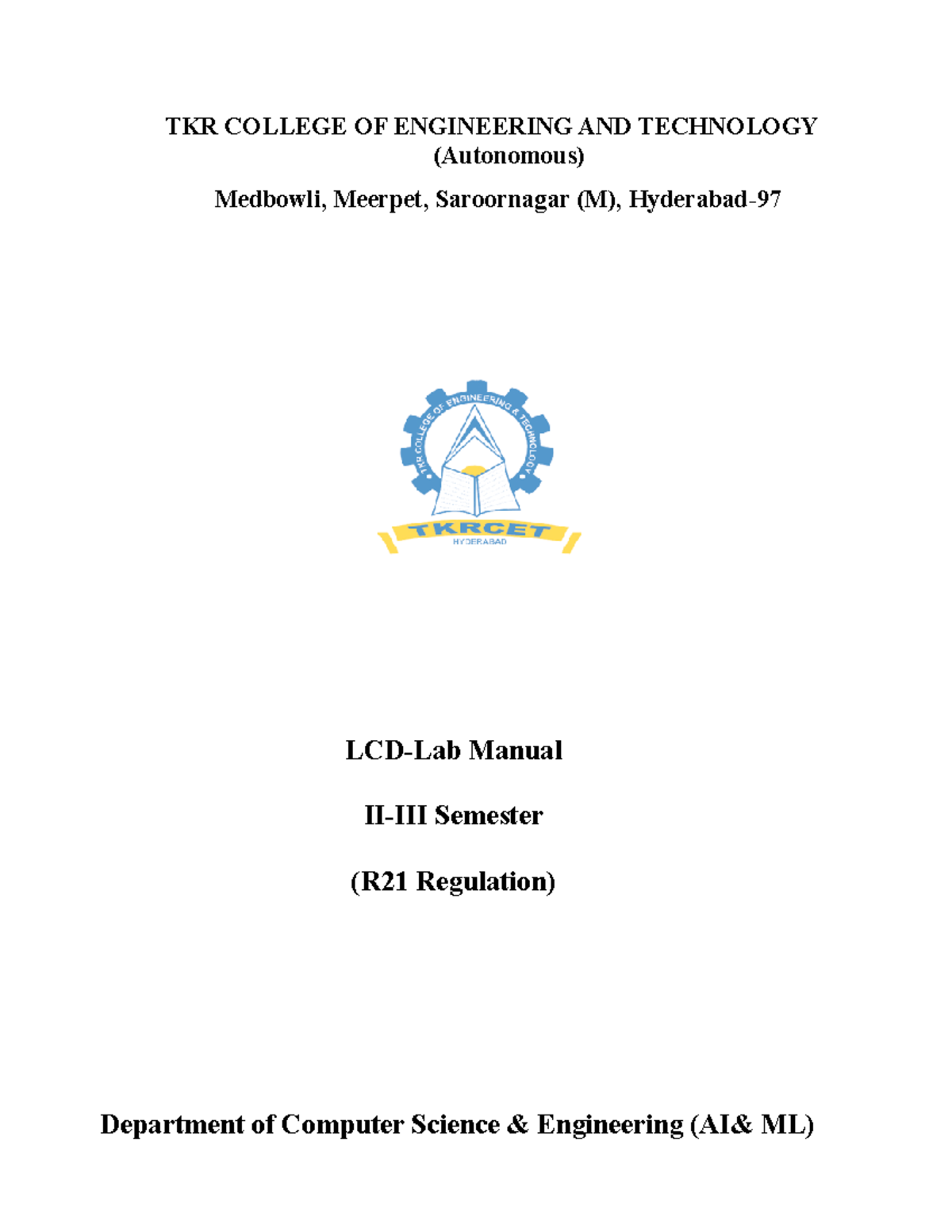 LCD lab manual - Hhj - TKR COLLEGE OF ENGINEERING AND TECHNOLOGY (Autonomous) Medbowli, Meerpet ...