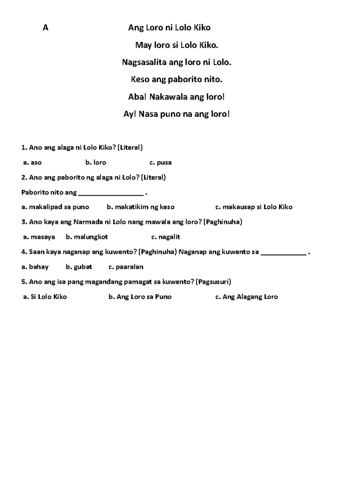 AAng Loro ni Lolo Kiko - notes - A Ang Loro ni Lolo Kiko May loro si ...