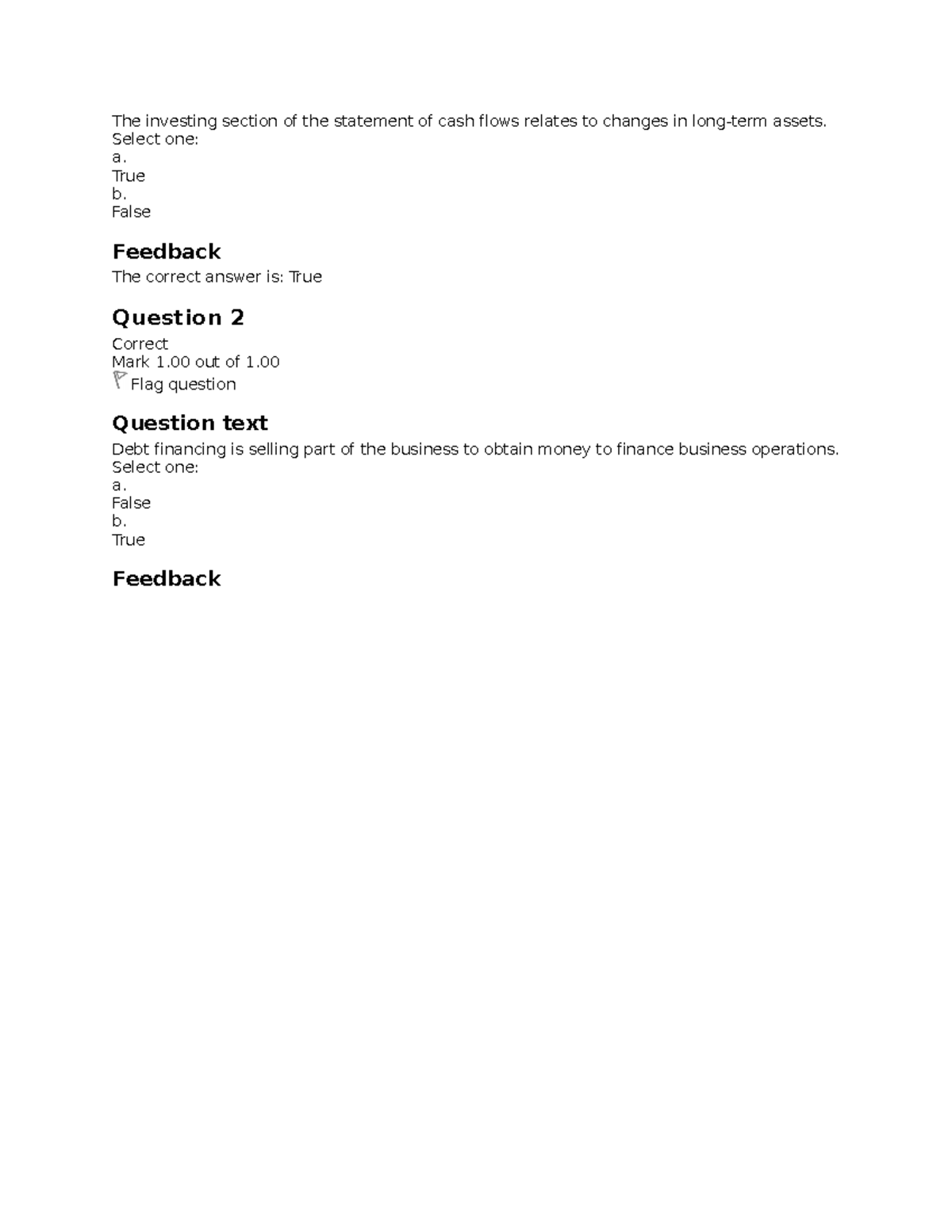 U7 self - Unit 7 self quiz - The investing section of the statement of ...