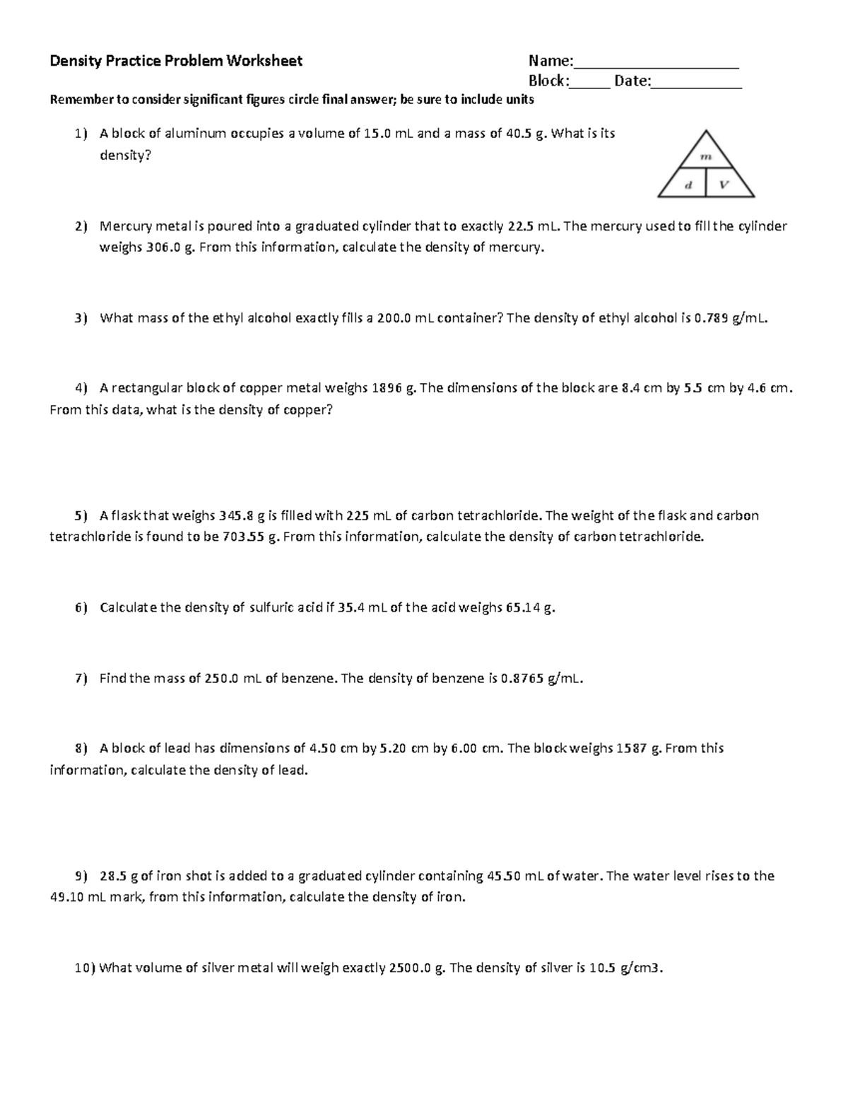 Density Practice Problem Worksheet - What is its density? Mercury metal ...