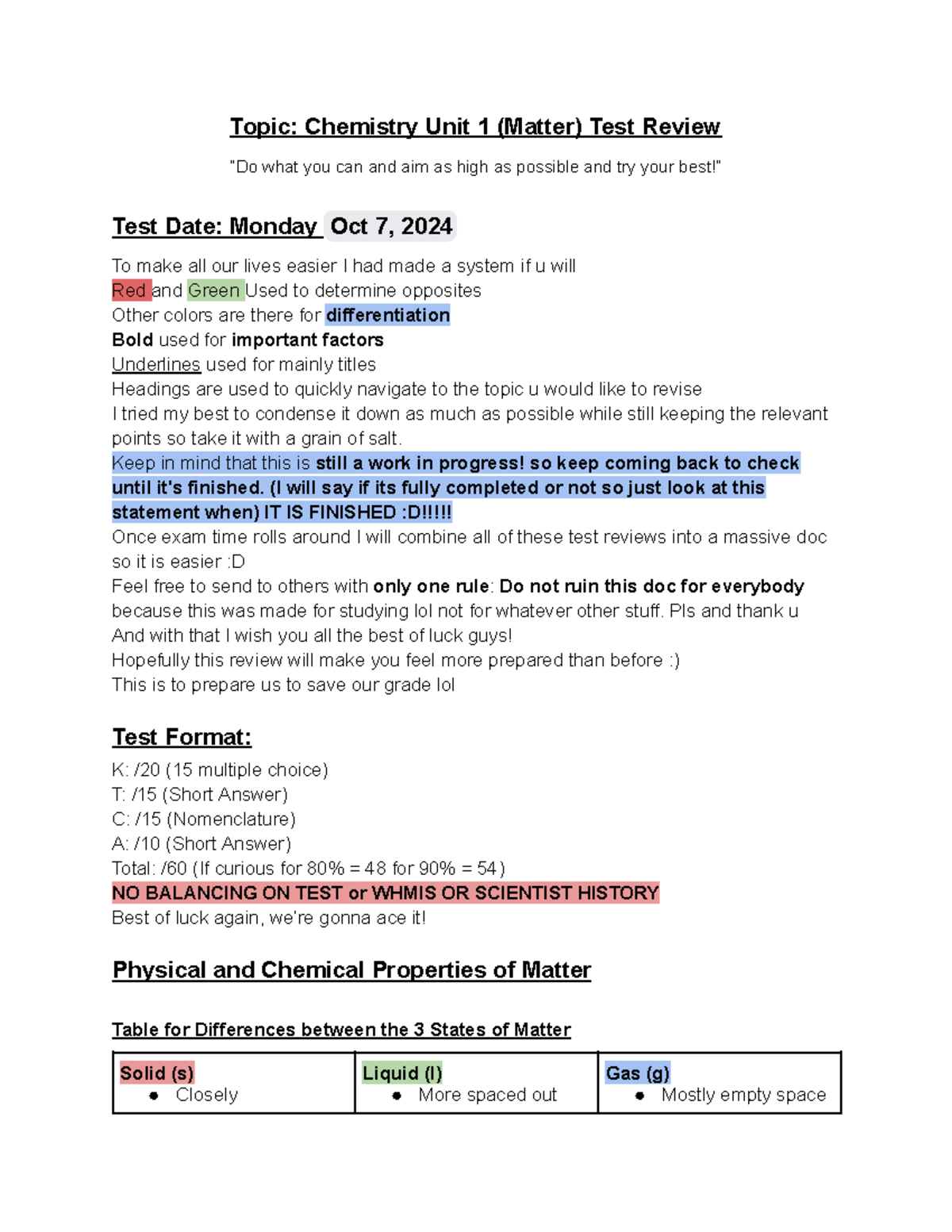 Chemistry Unit 1 (Matter) Test Review - Topic: Chemistry Unit 1 (Matter ...