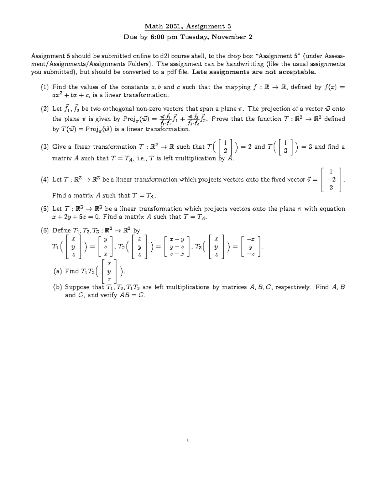 Assignment 5 - Chapter 5. - Math 2051, Assignment 5 Due by 6:00 pm ...